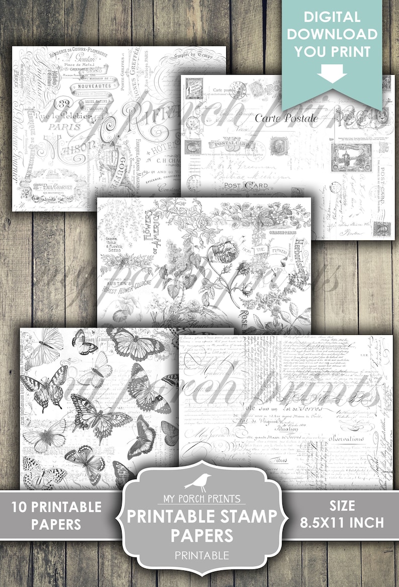 Printable Stamp Papers, Junk Journal, Vintage, Black and White, Ink ...