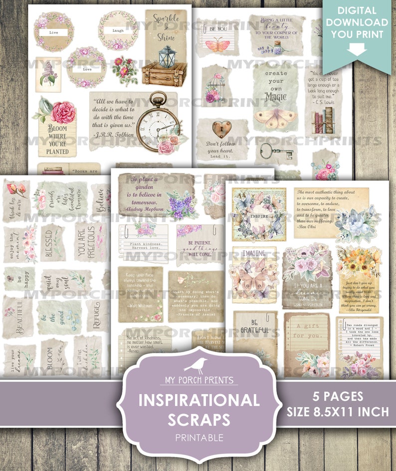 Inspirational Scraps, Junk Journal, Journal Words, Stickers, Flowers ...