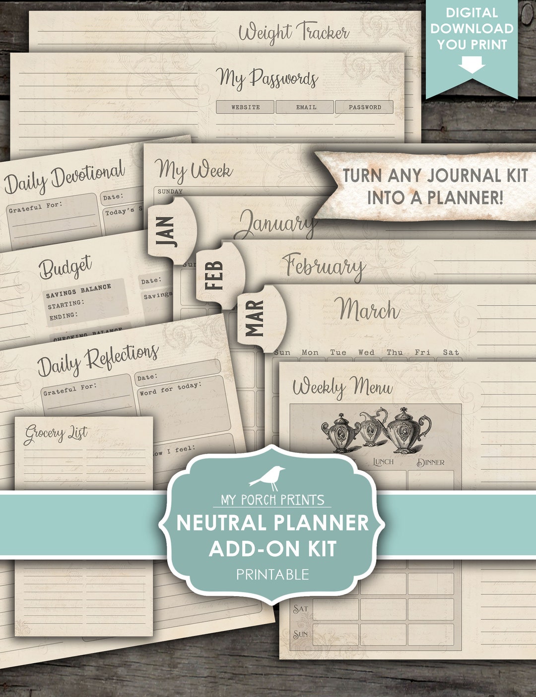 Neutral Planner Junk Journal Add on Kit, Calendar, Bullet Journal ...
