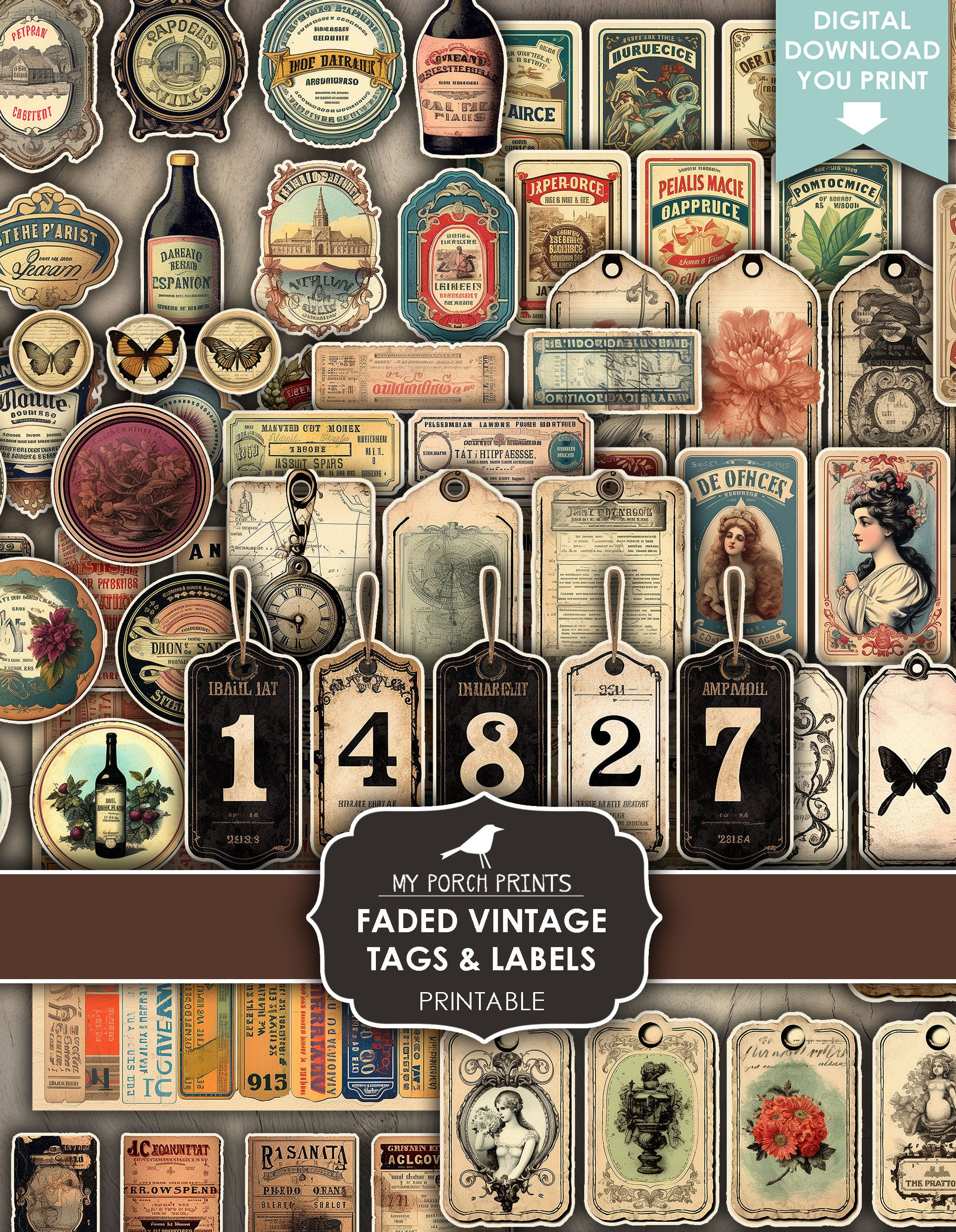 Junk Journal Faded Vintage Tags Labels, Grunge, Steampunk, Men Number ...