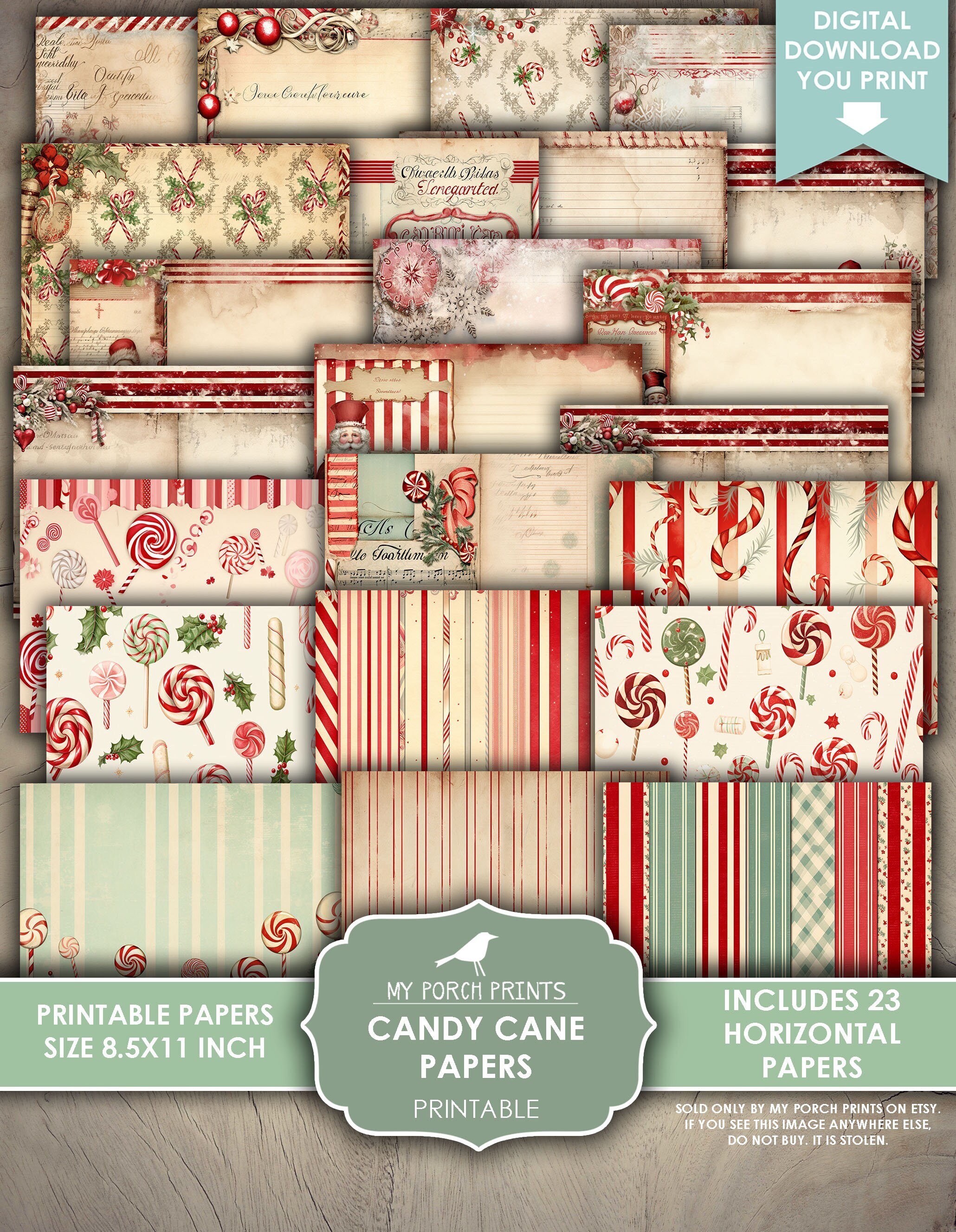Candy Cane PAPERS, Junk Journal, Peppermint, Christmas, Red, White ...