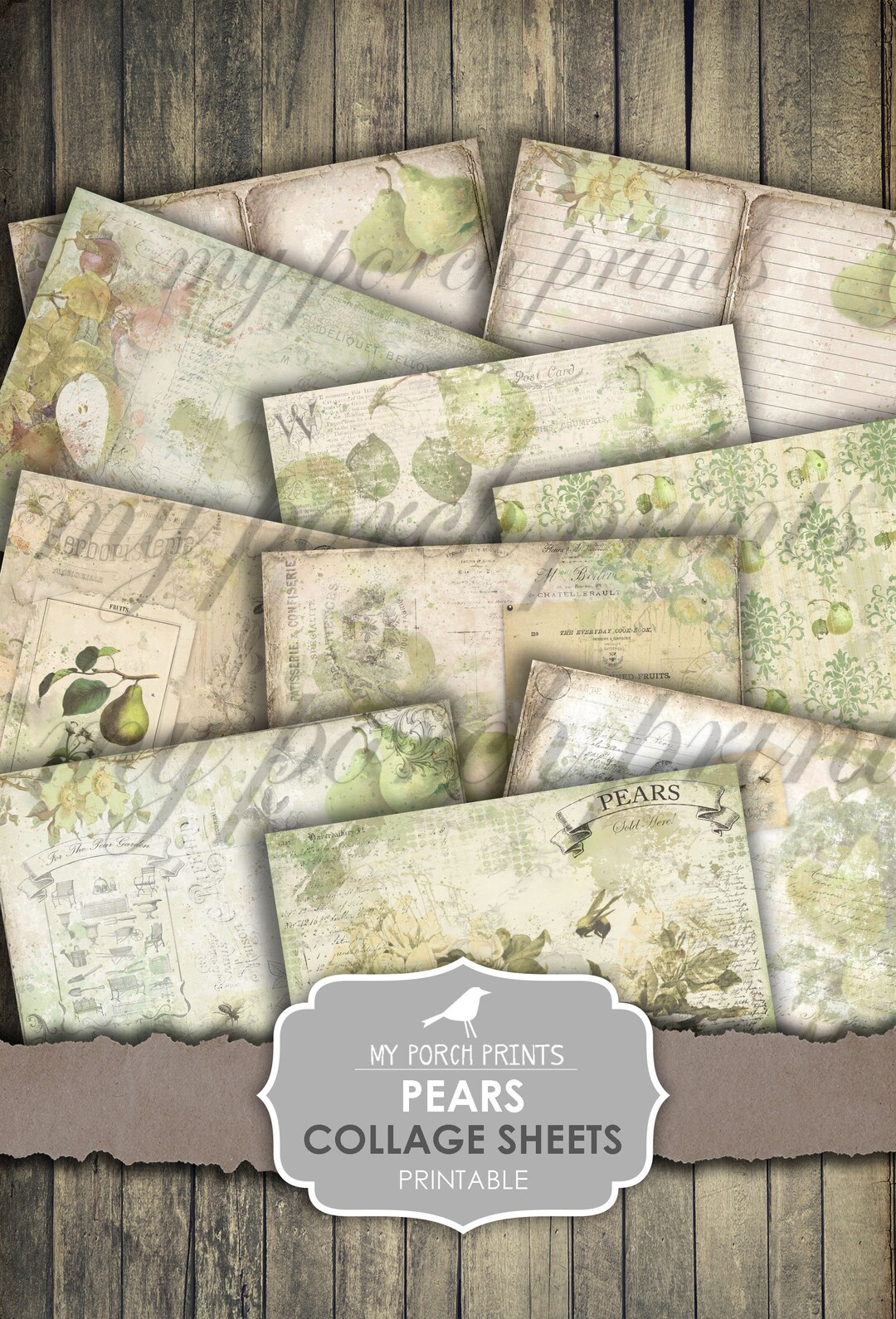 Junk Journal, Pear, Collage Sheets, Printable Paper, Green, Pears ...