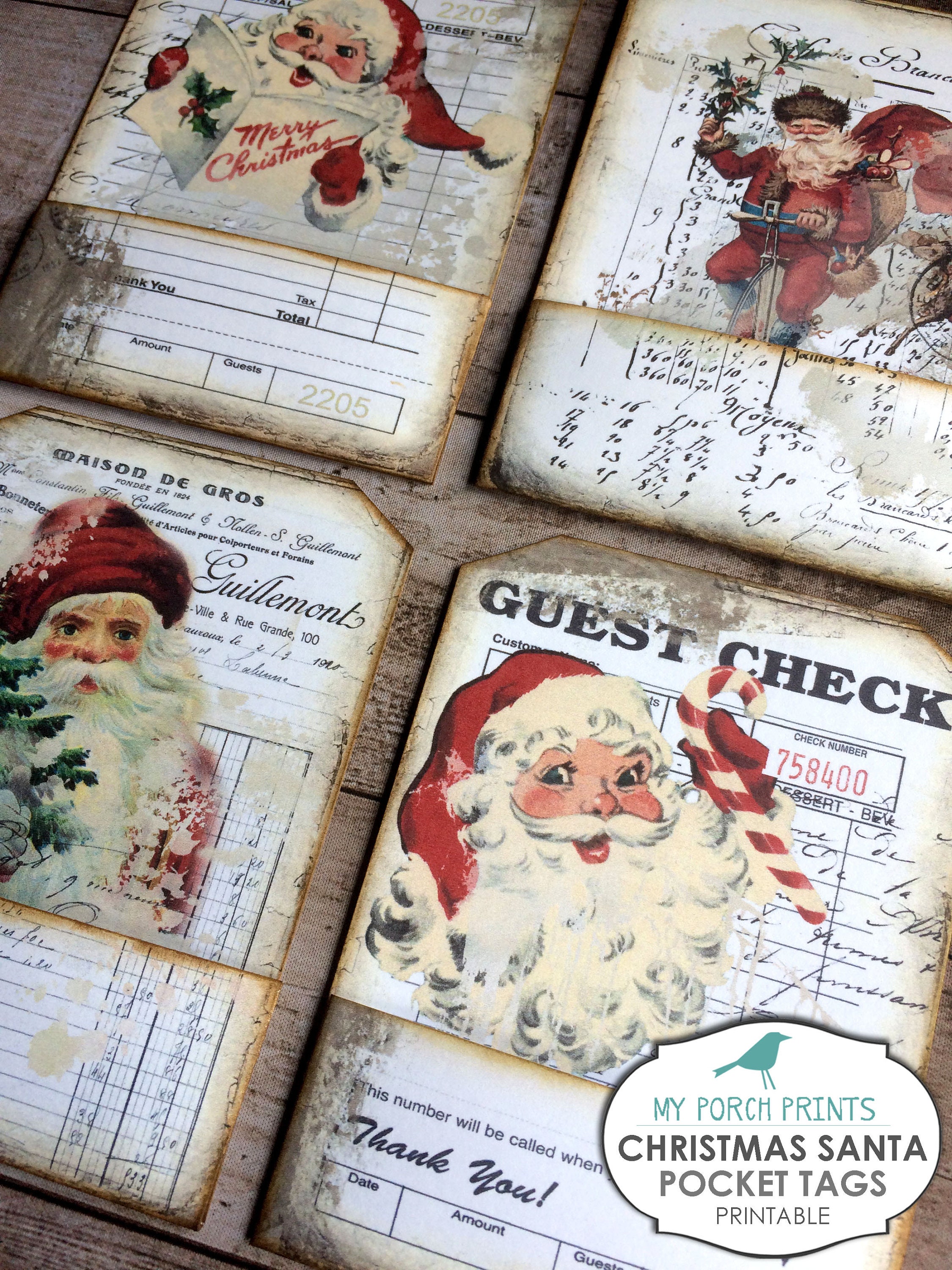 Christmas Santa Shabby Receipt Pocket Tags, Loaded Envelope, Junk ...
