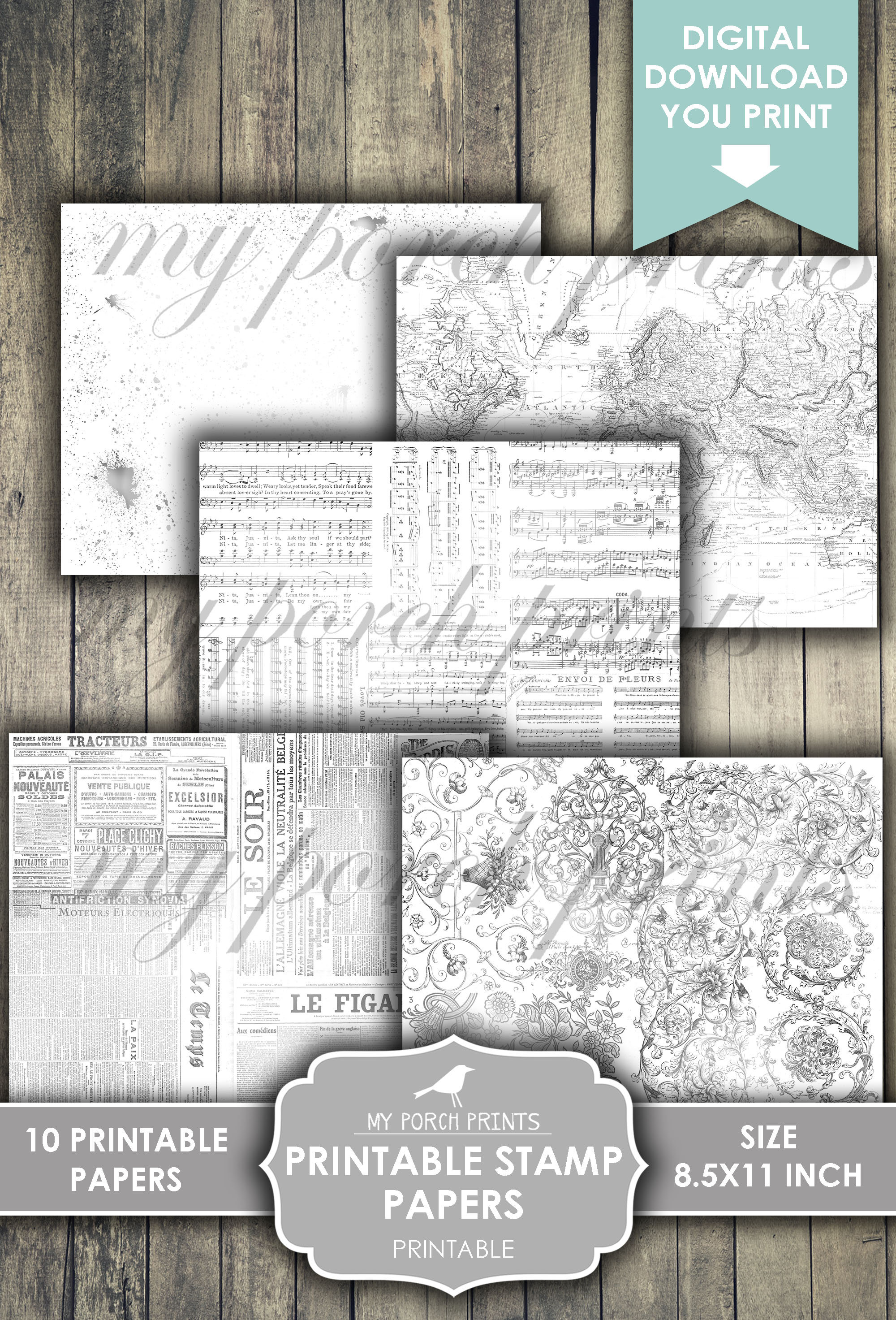 Printable Stamp Papers Junk Journal Vintage Black and | Etsy Australia