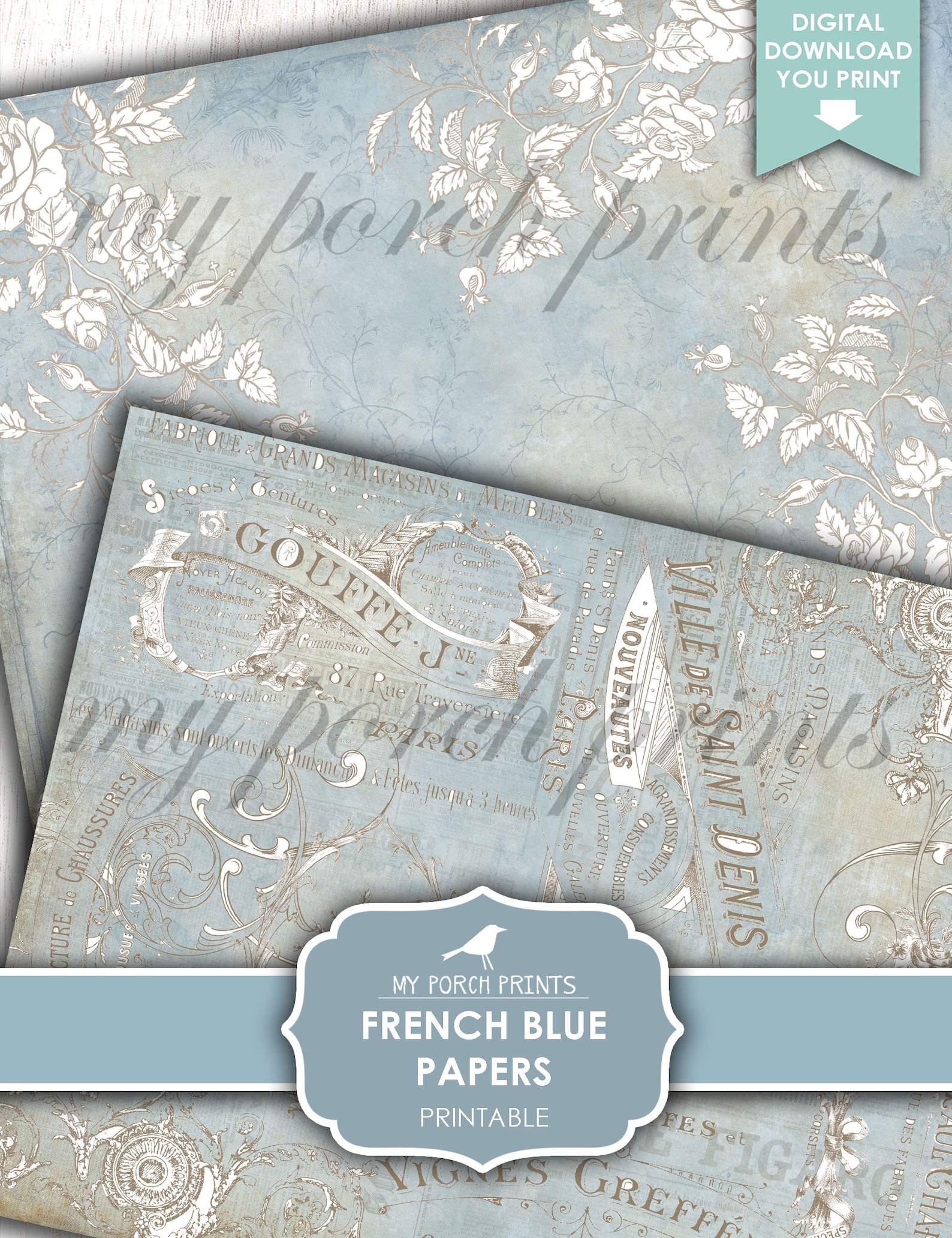 Junk Journal, French, Blue, Papers, Toile, Butterflies, Teal, Floral ...