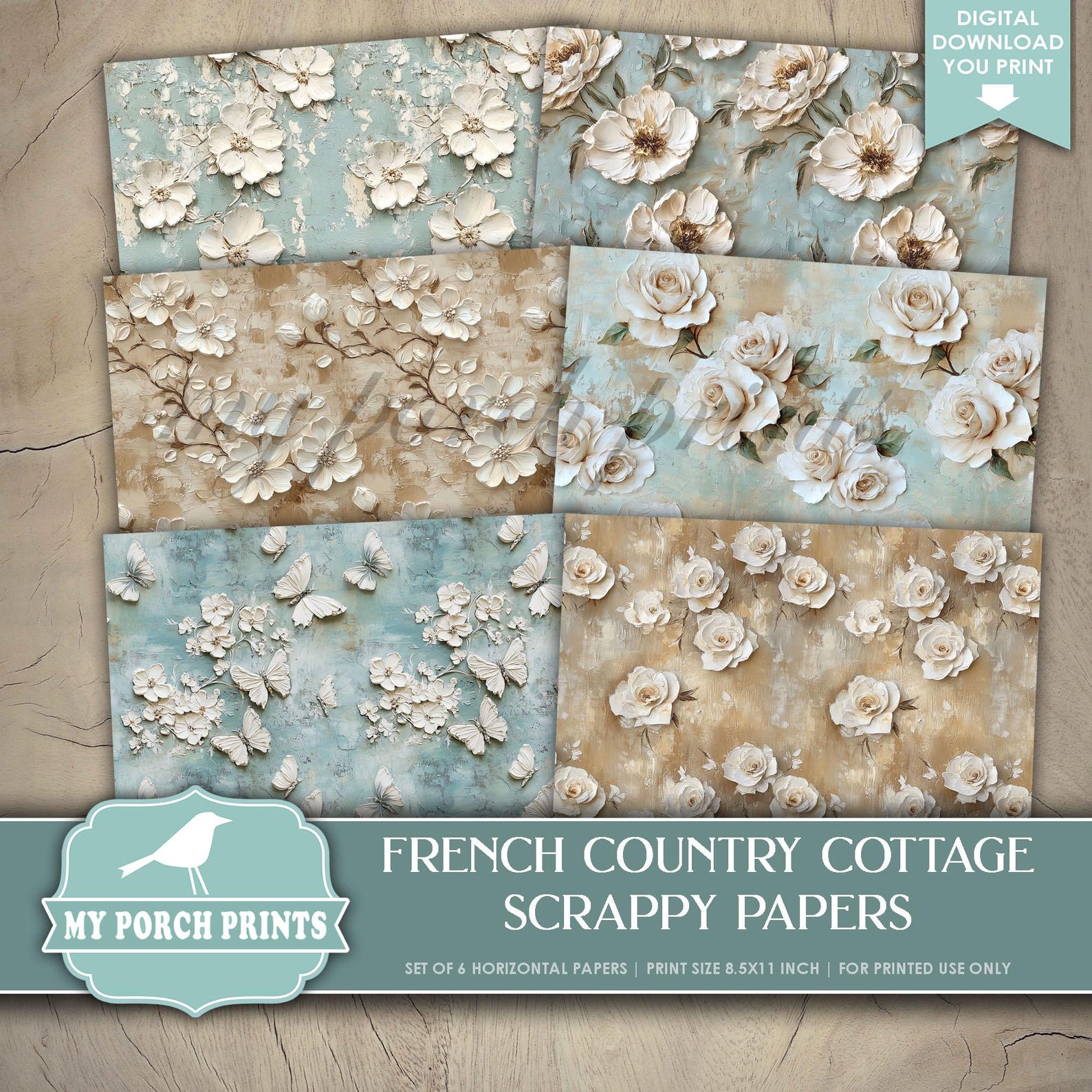 French Country Cottage Scrappy Papers, Junk Journal, Pages, Blue ...