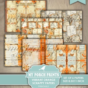 Vibrant Orange Scrappy Papers, Junk Journal, Pages, Floral, Vintage ...