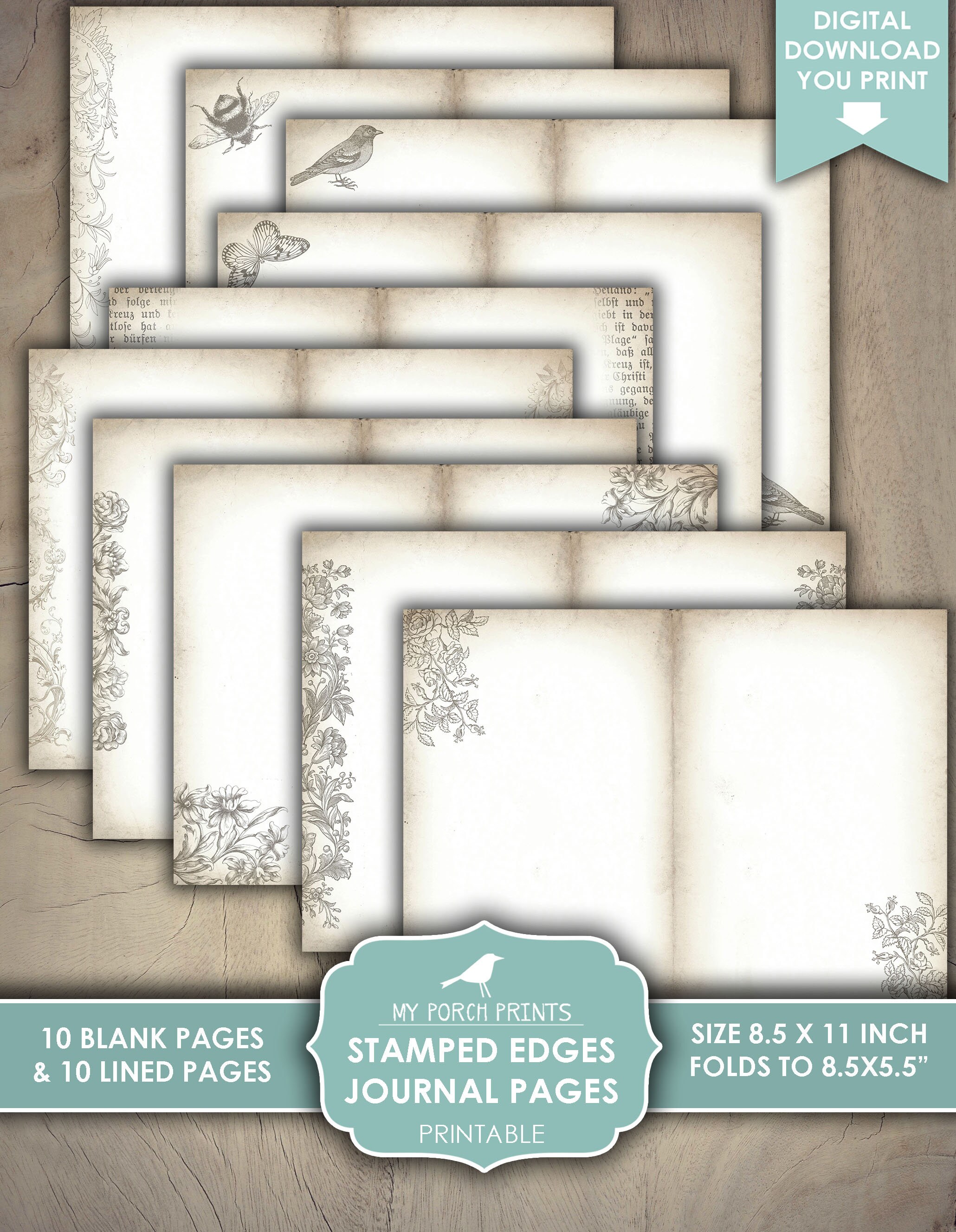 Junk Journal, Stamped Edges, Journal Pages, Plain, Blank, Lined, Ruled ...