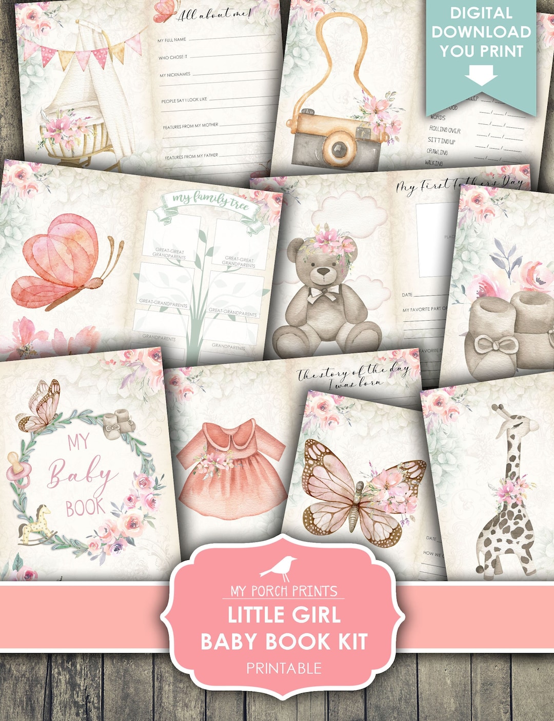 Junk Journal Kit, Baby, Girl, Book, Pink, Gift Idea, Baby's, First Year ...