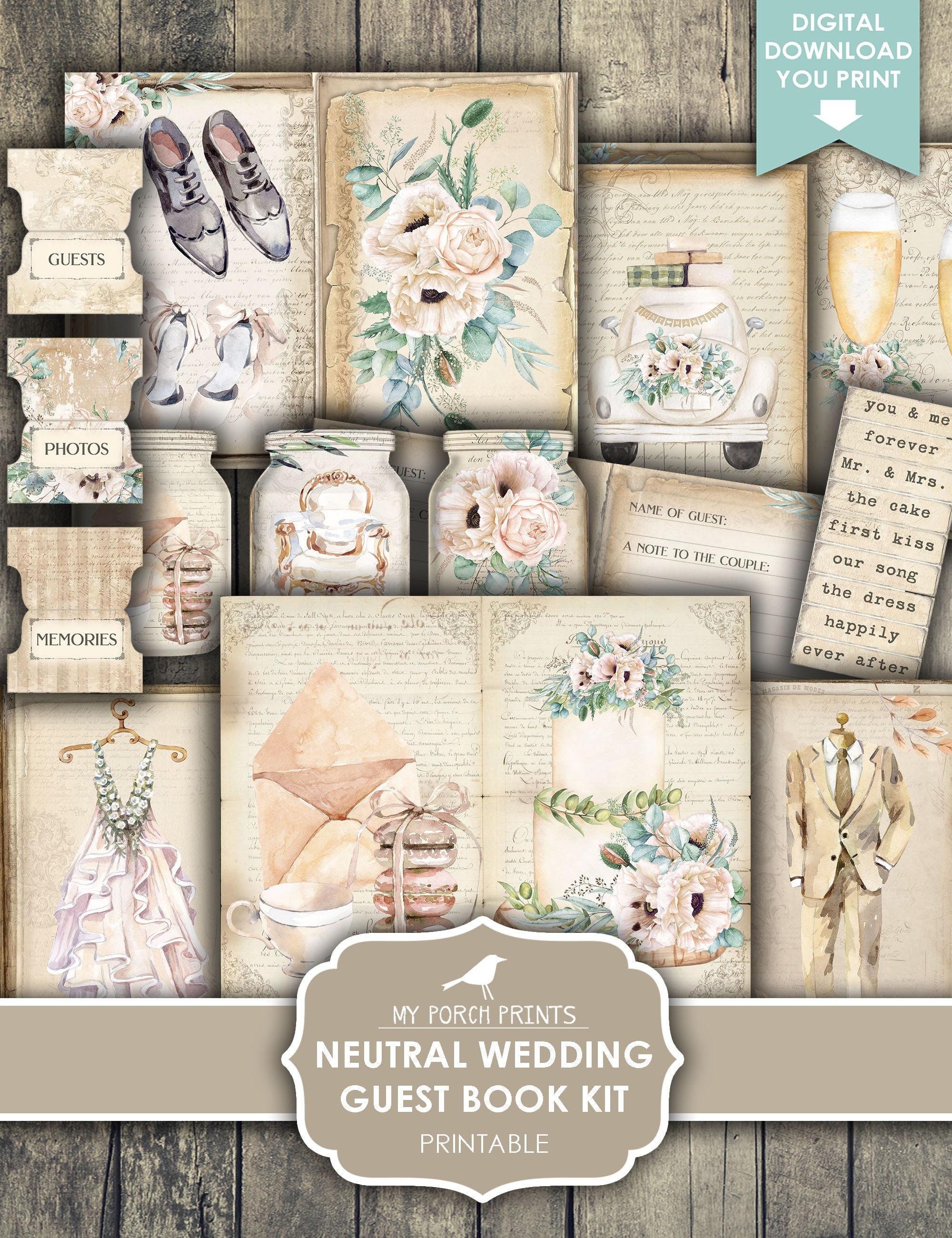 Junk Journal Neutral Wedding Guest Book Kit Shabby Boho - Etsy