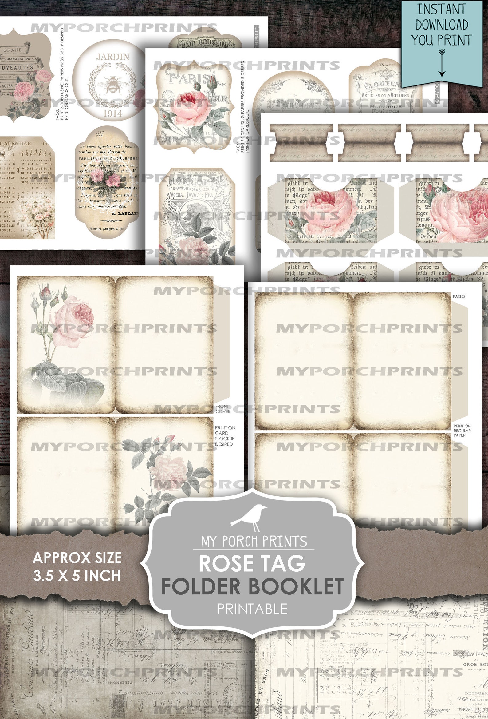 Rose, Tag, Folder, Booklet, Antique, Junk Journal Kit, Ephemera, Junk ...