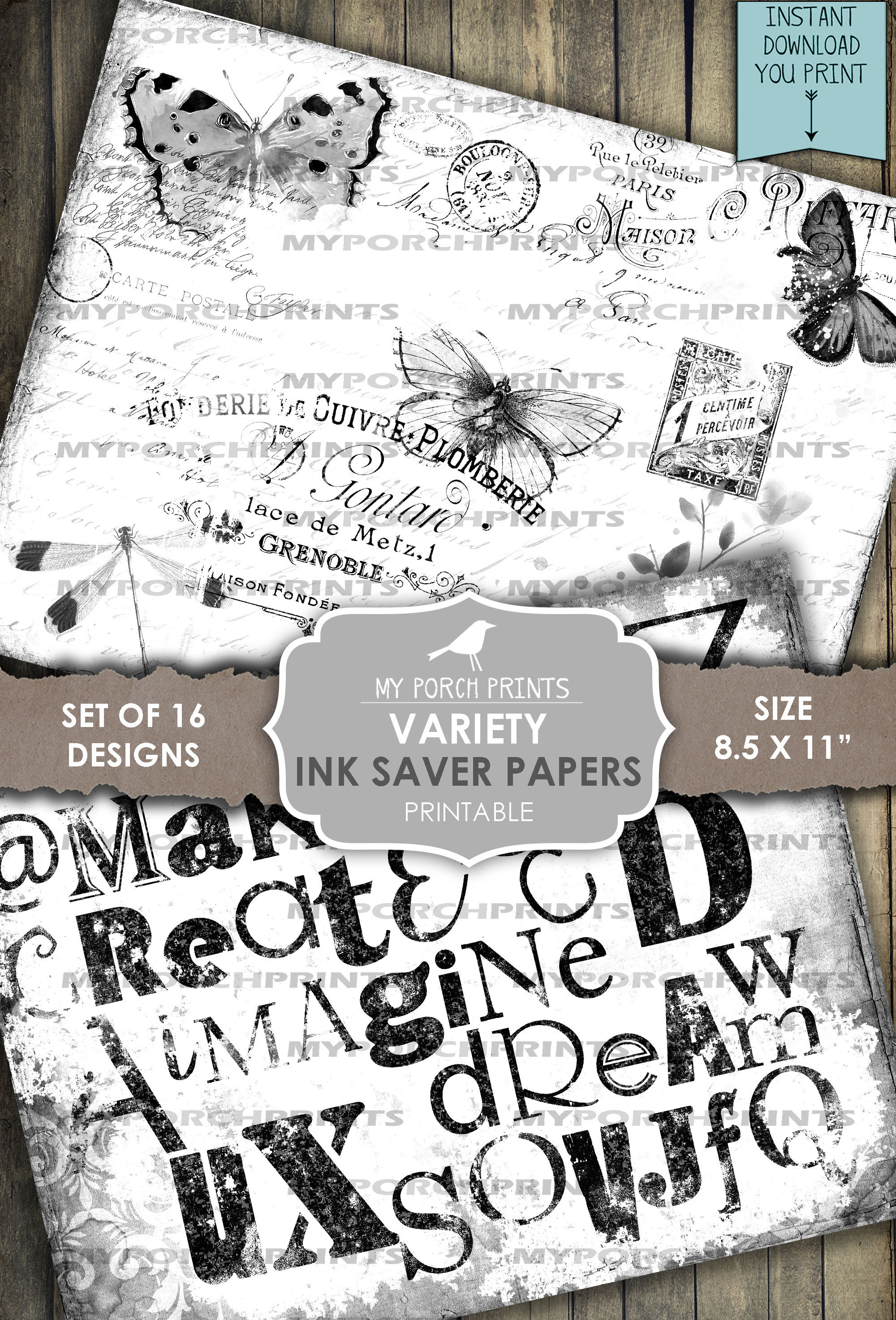 Variety, Junk Journal, Printable, Papers, Ink Saver, Black and White ...
