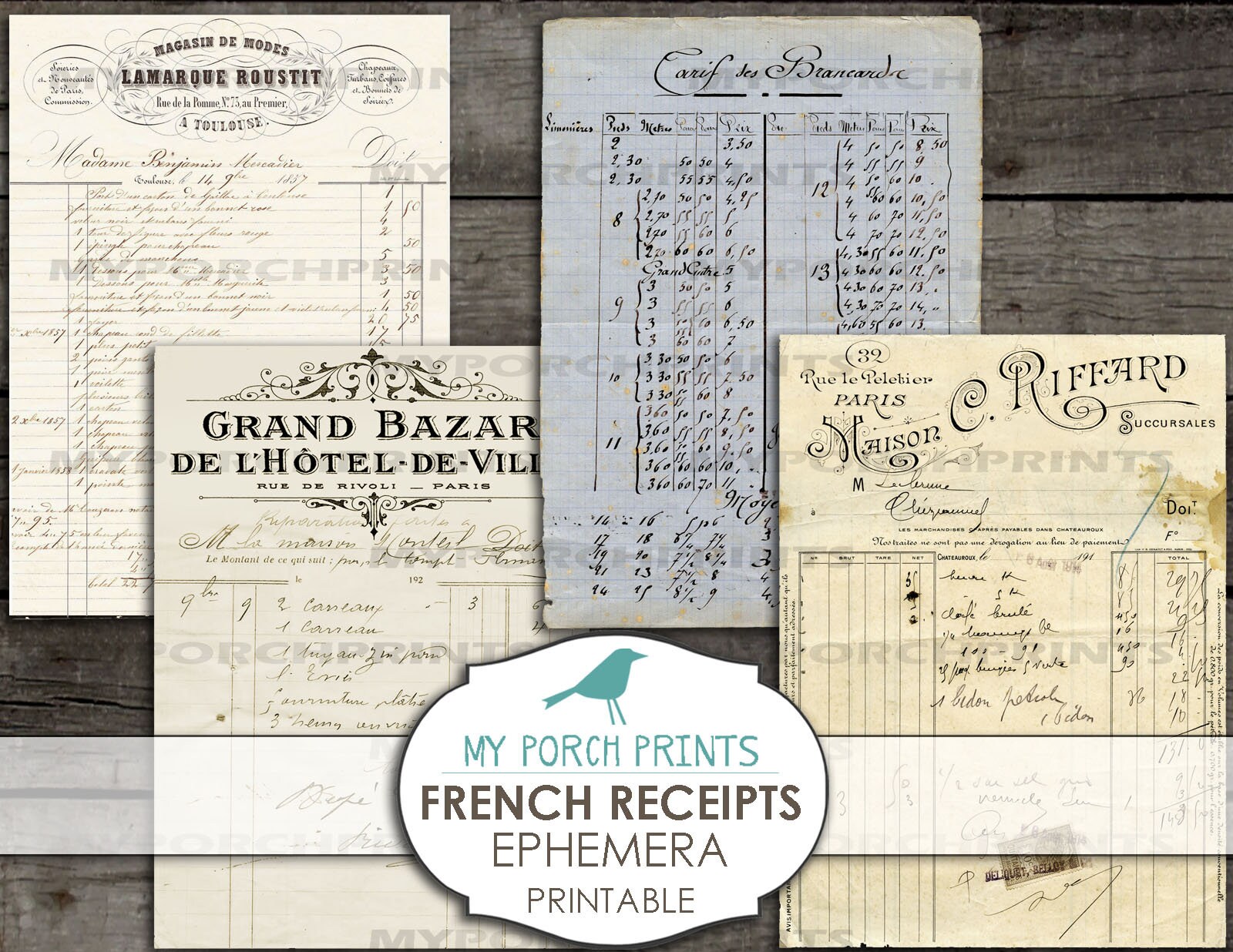 French Receipts Ephemera Cards, Ledger, Invoice, Scrapbooking, Shabby ...