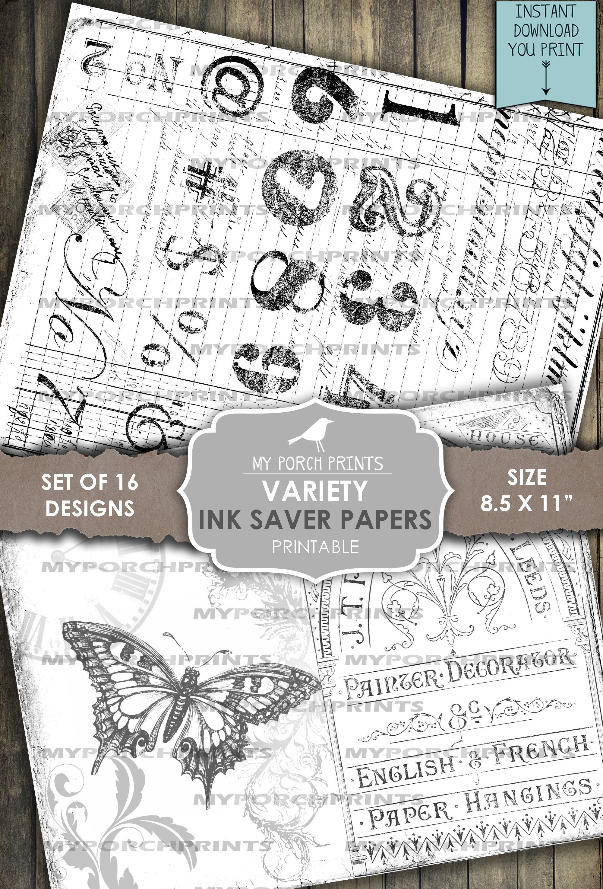 Variety, Junk Journal, Printable, Papers, Ink Saver, Black and White ...