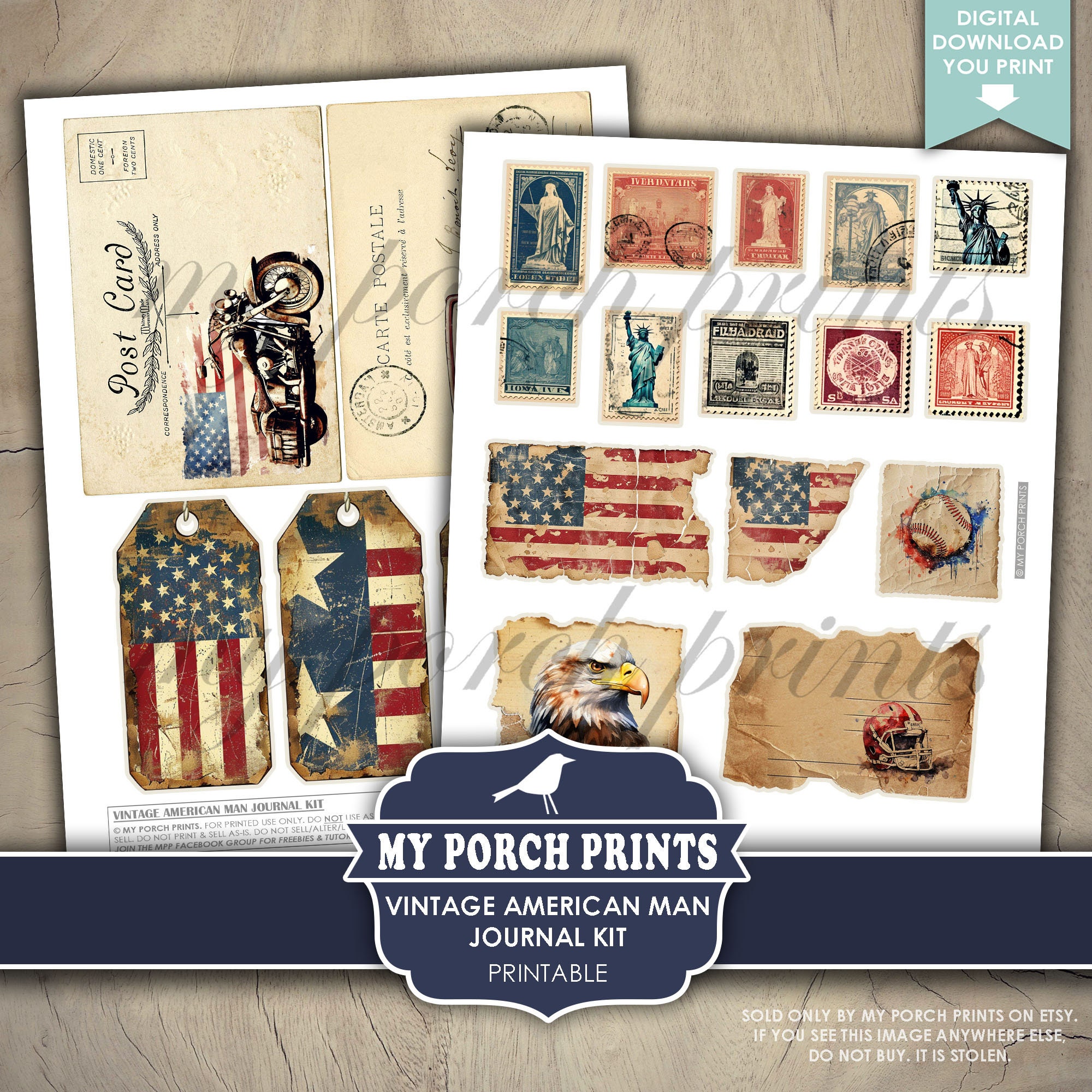 Vintage American Man Junk Journal Kit, Masculine, Patriotic, Grunge ...