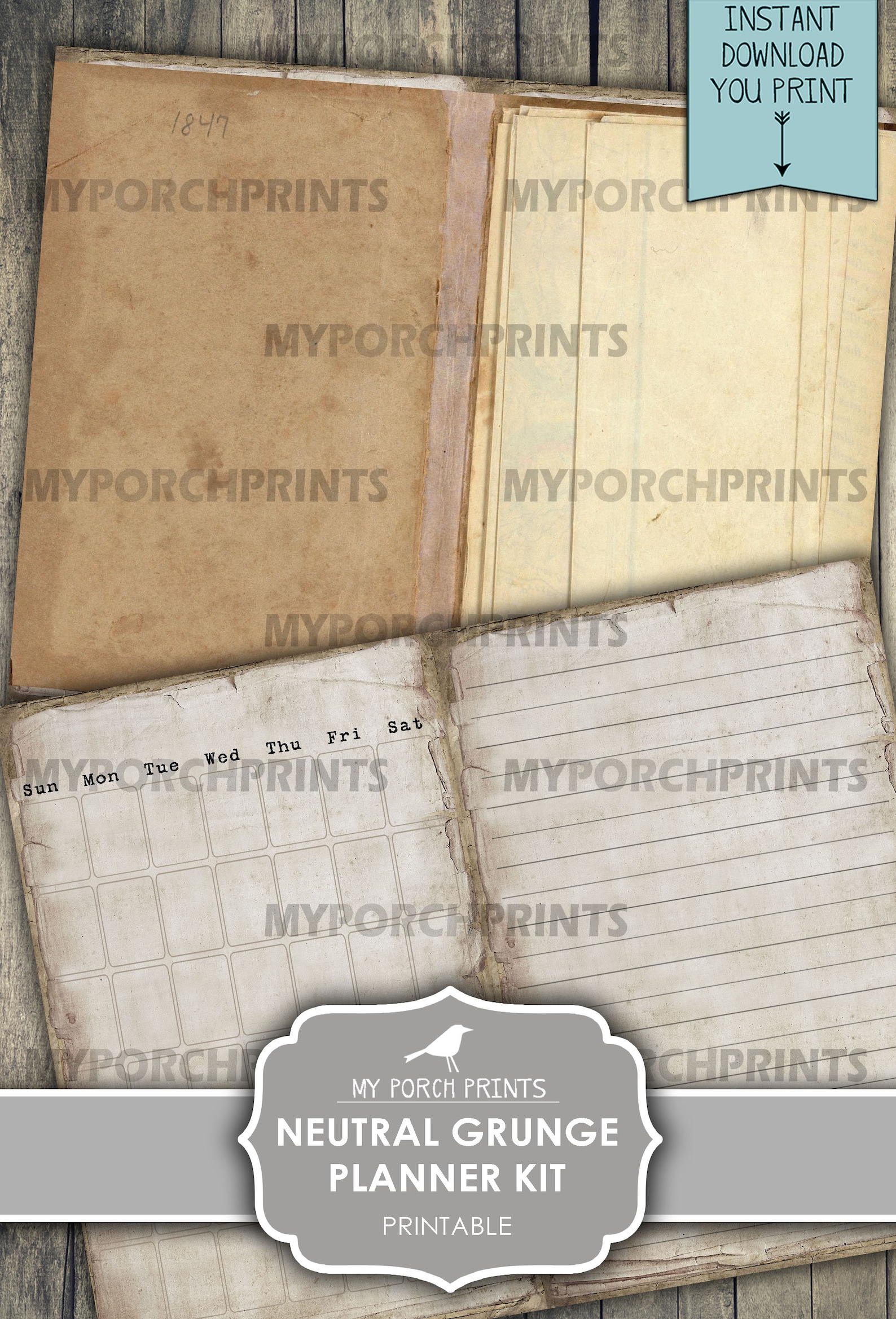 Junk Journal, Planner, Kit, Neutral, Grunge, Calendar, Bullet Journal ...