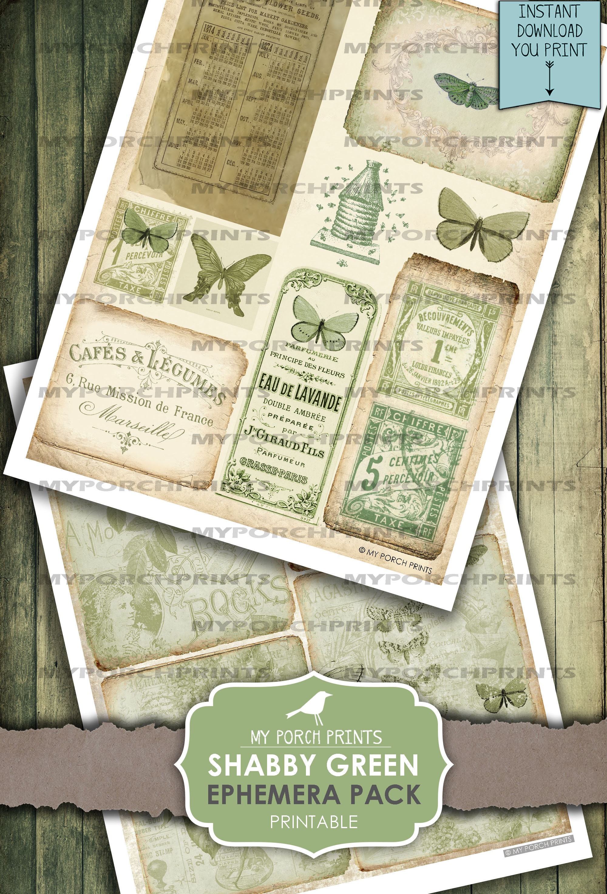 Shabby, Green, Ephemera, Pack, Junk Journal, Butterfly, Tags, My Porch ...