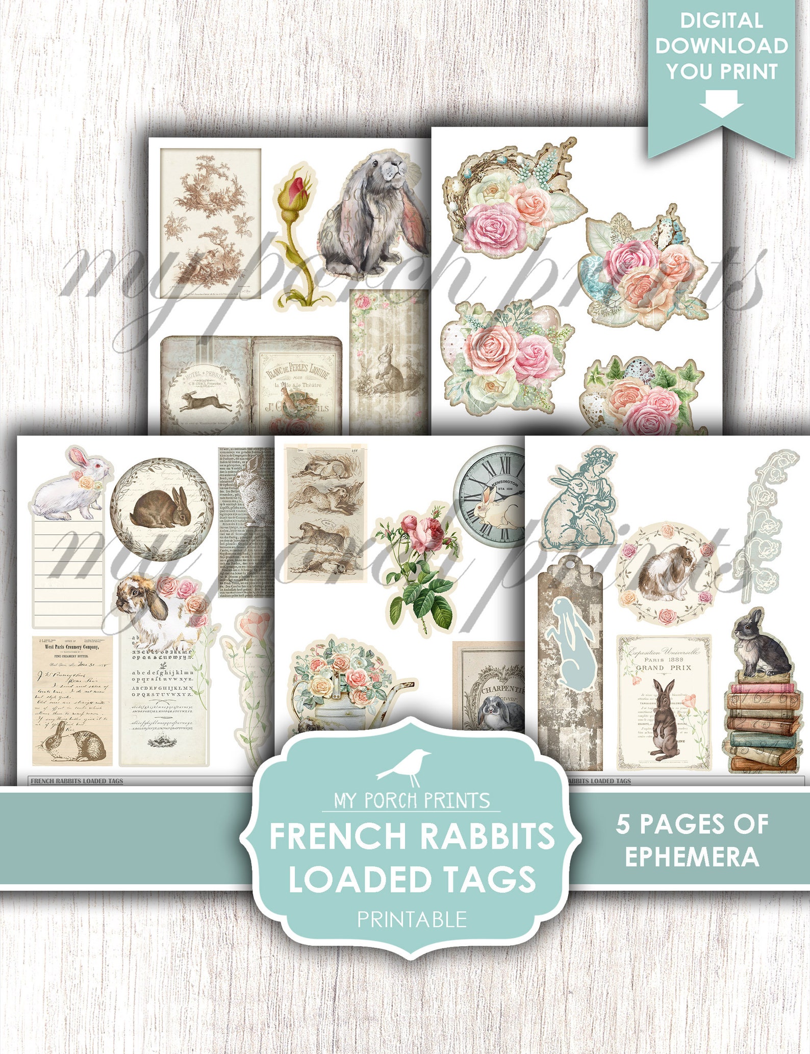 French Rabbits Loaded Tags Junk Journal Easter Bunny - Etsy