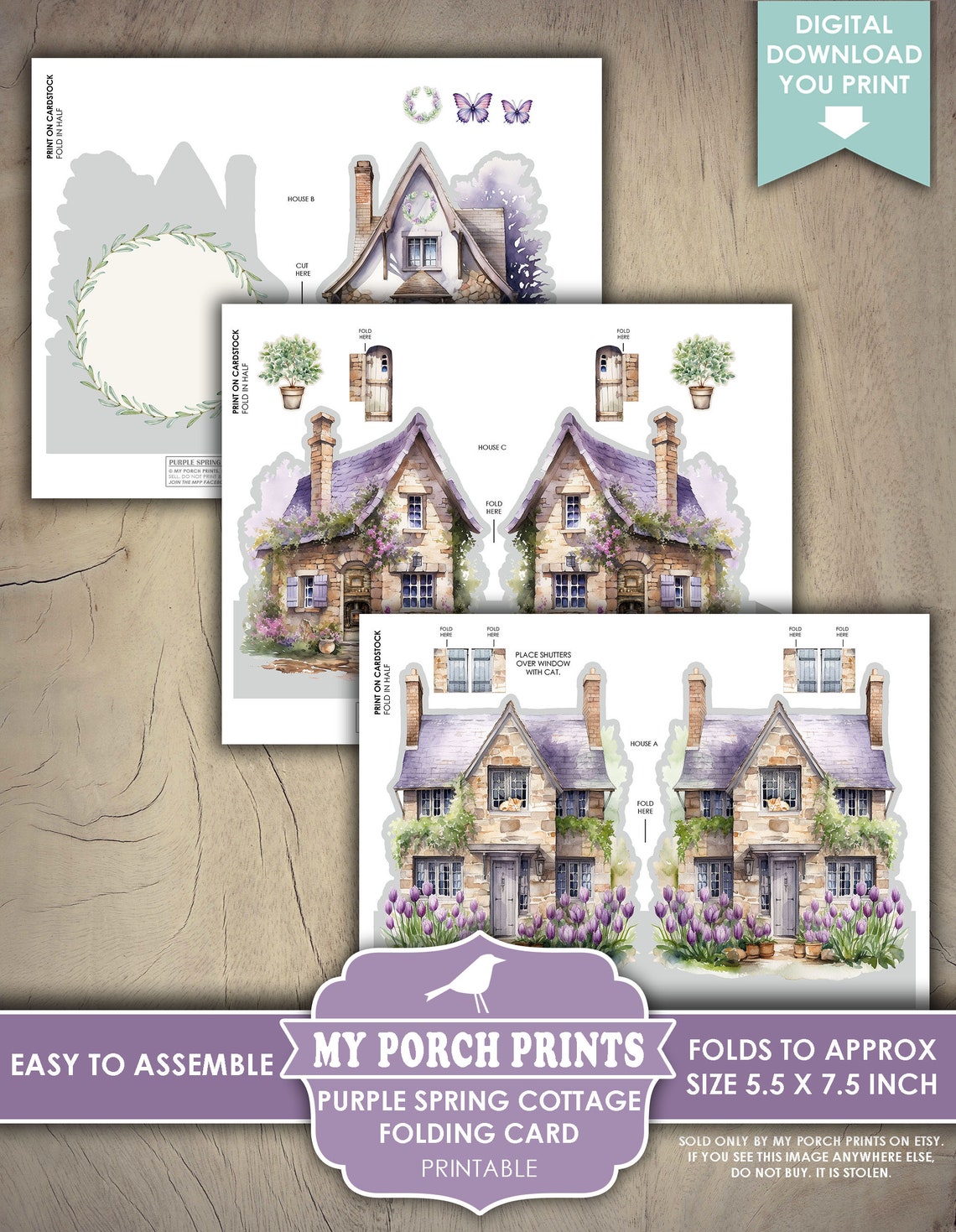 Purple Spring Cottage Folding Card, Junk Journal, Insert, Kit, 3D ...
