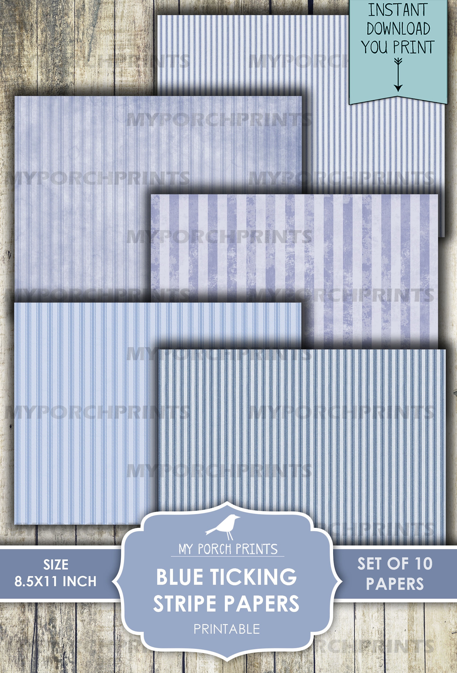 Junk Journal, Ticking Stripe, Papers, Blue, Printable, Ephemera, My ...