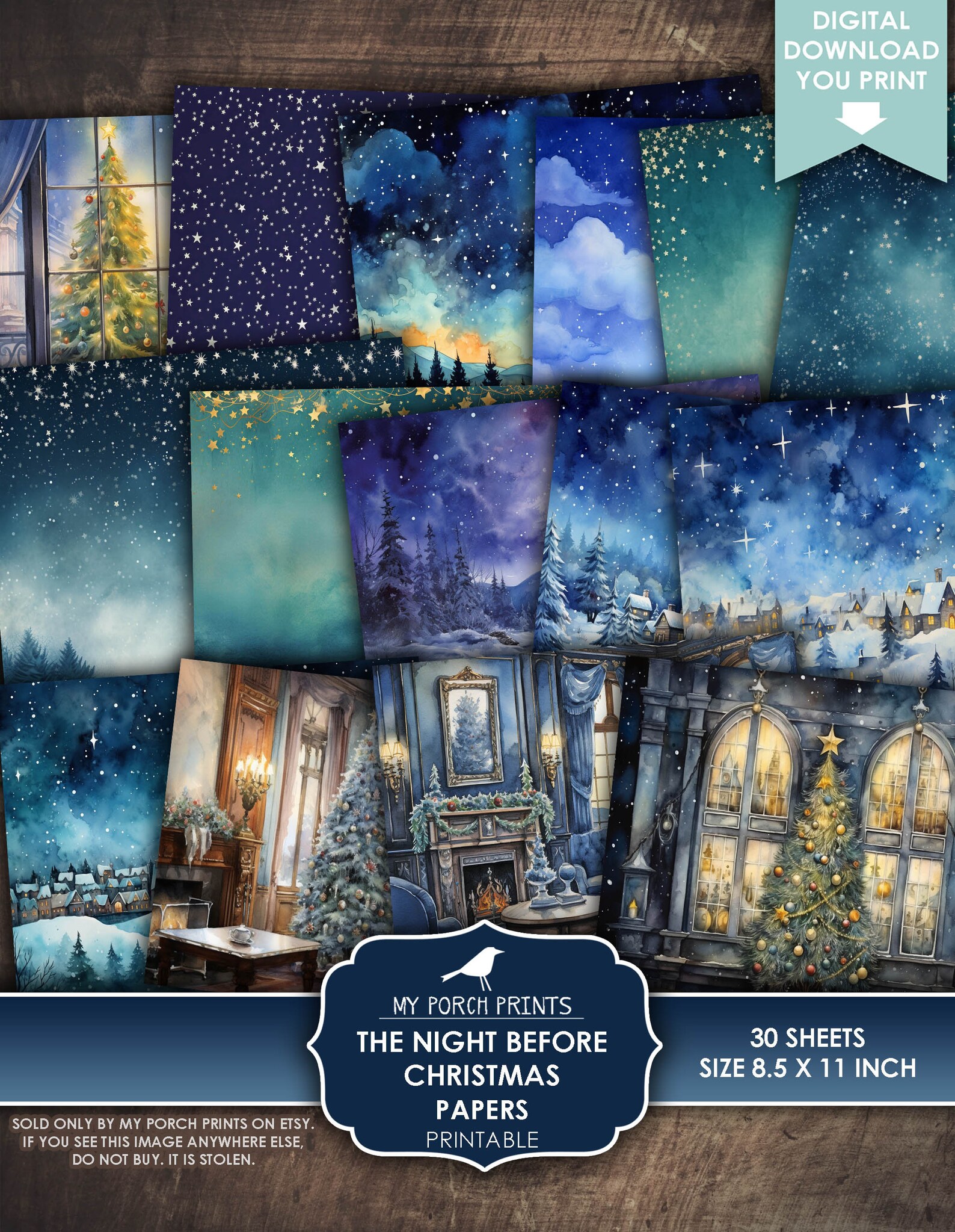 The Night Before Christmas PAPERS, Junk Journal, Star, Snow, Twas, Blue ...