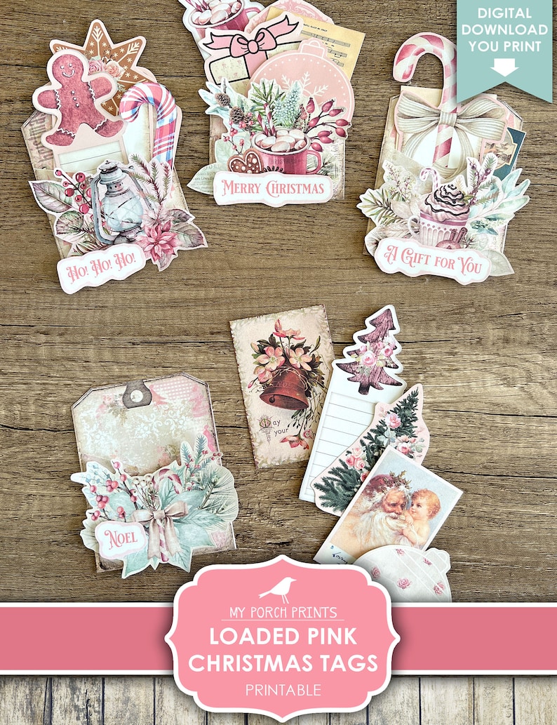 Loaded Pink Christmas Tags, Junk Journal, Pocket, Envelope, December ...