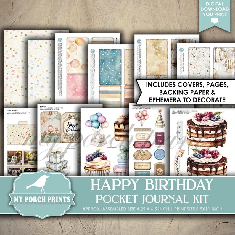 Happy Birthday Pocket Journal Kit, Birthday Card Cake Balloons Photo ...