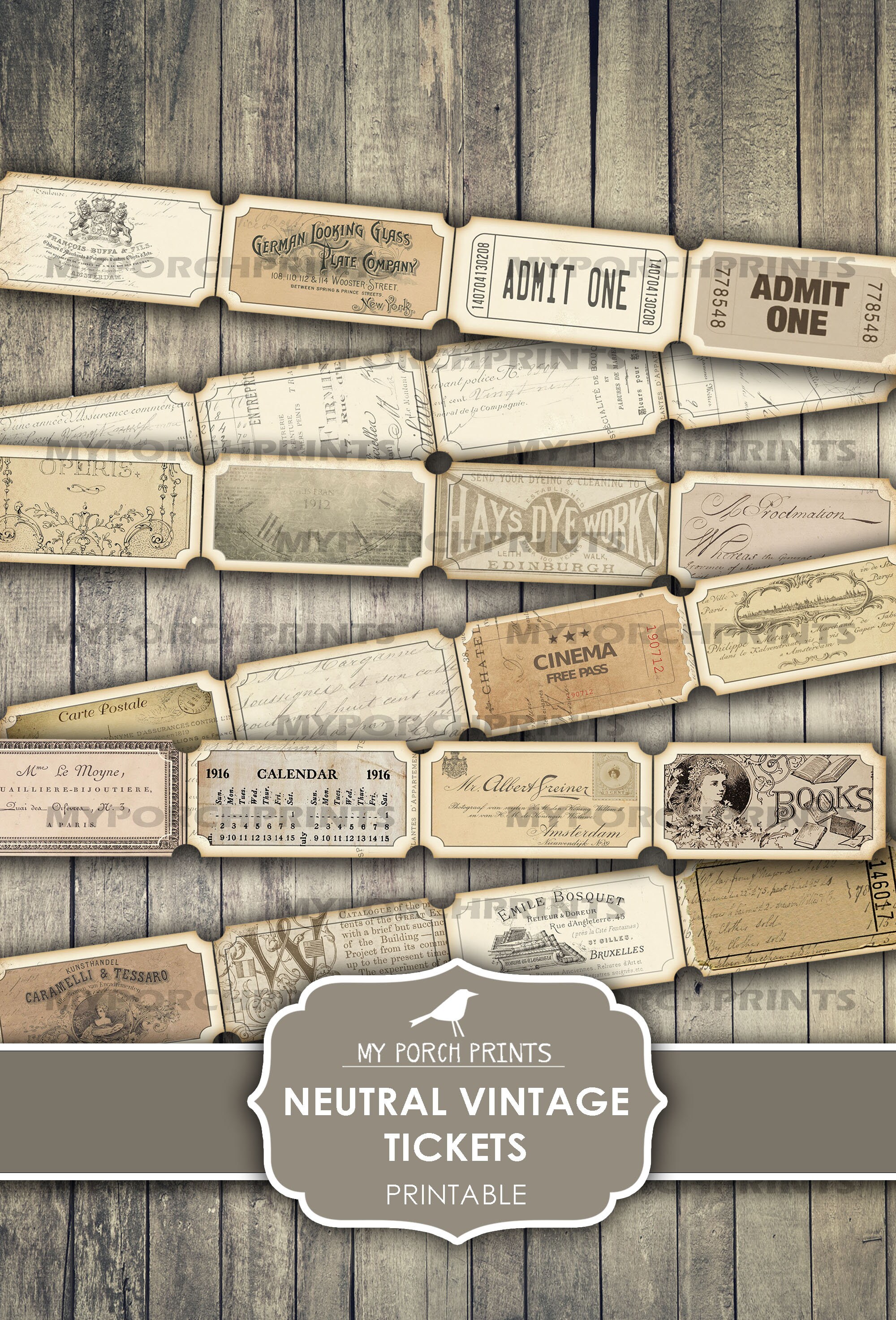 Tickets, Neutral, Vintage, Junk Journal, Shabby, Embellishment, Brown ...