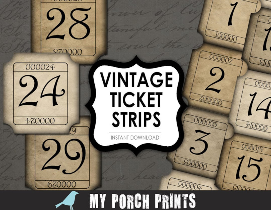 Vintage Tickets, Numbers, Junk Journal, Ticket Strips, Neutral ...