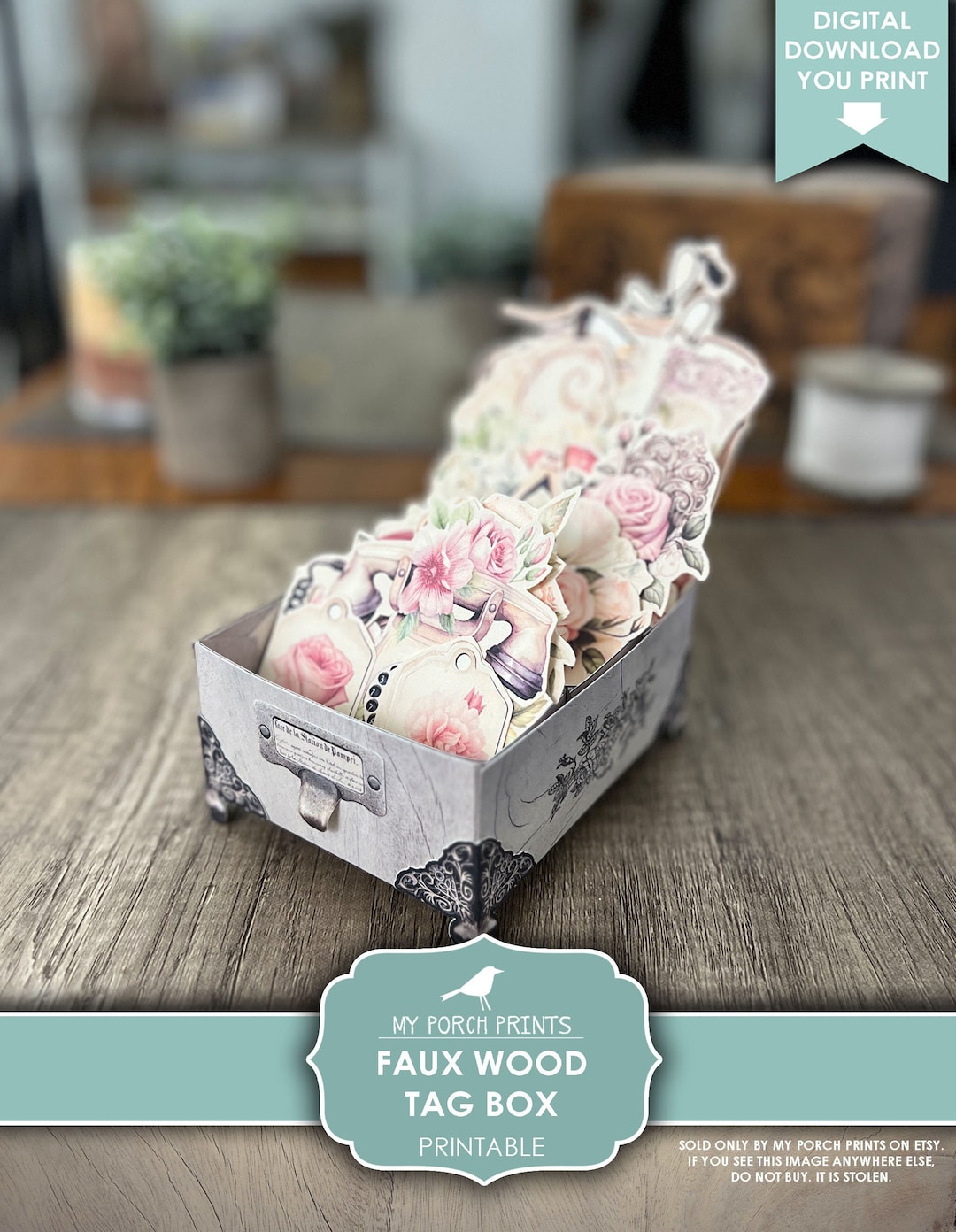 Faux Wood Tag Box, Tags, Ephemera, Shabby Pink, Storage, With Feet ...