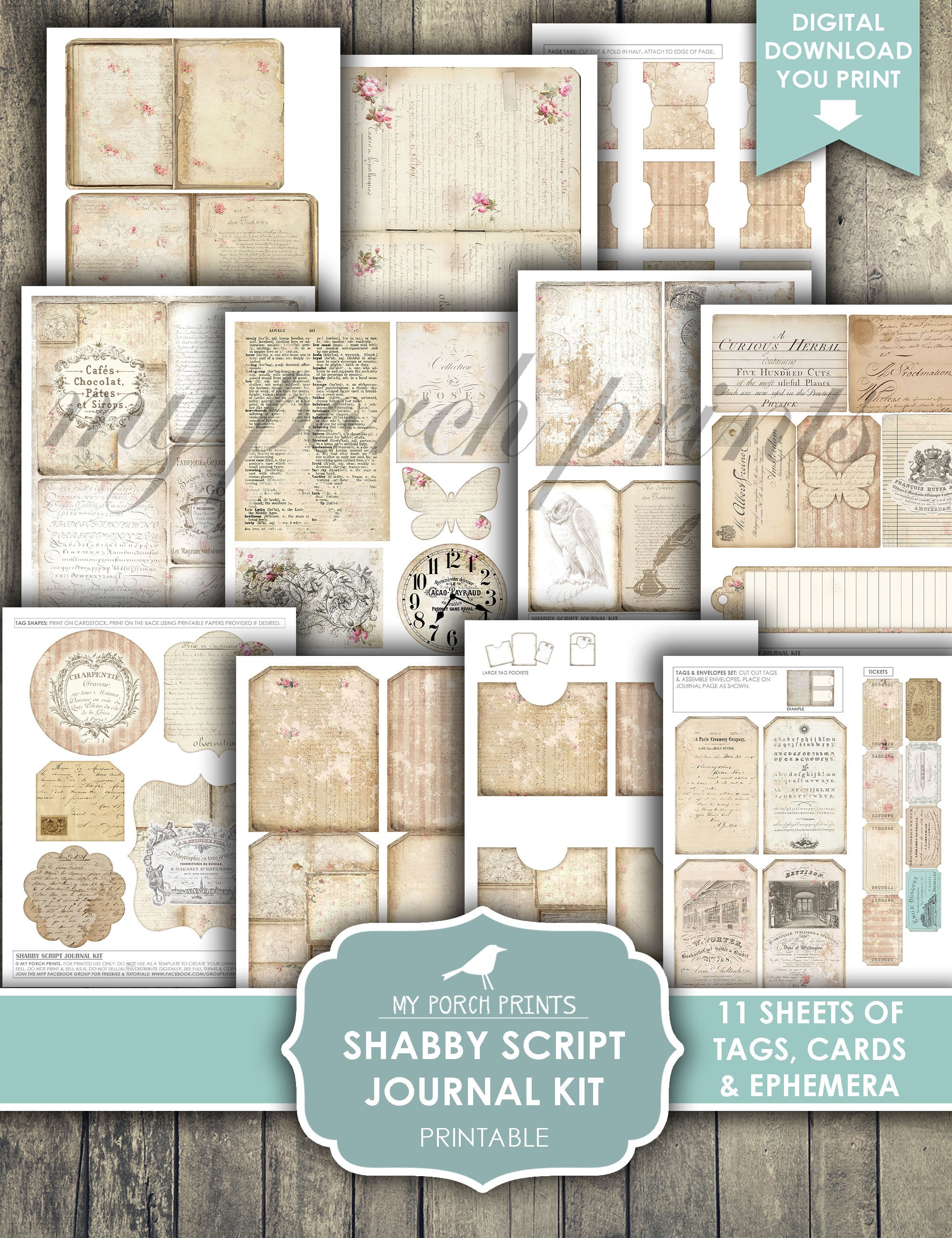 Junk Journal Kit Shabby Script Boho Vintage Floral - Etsy