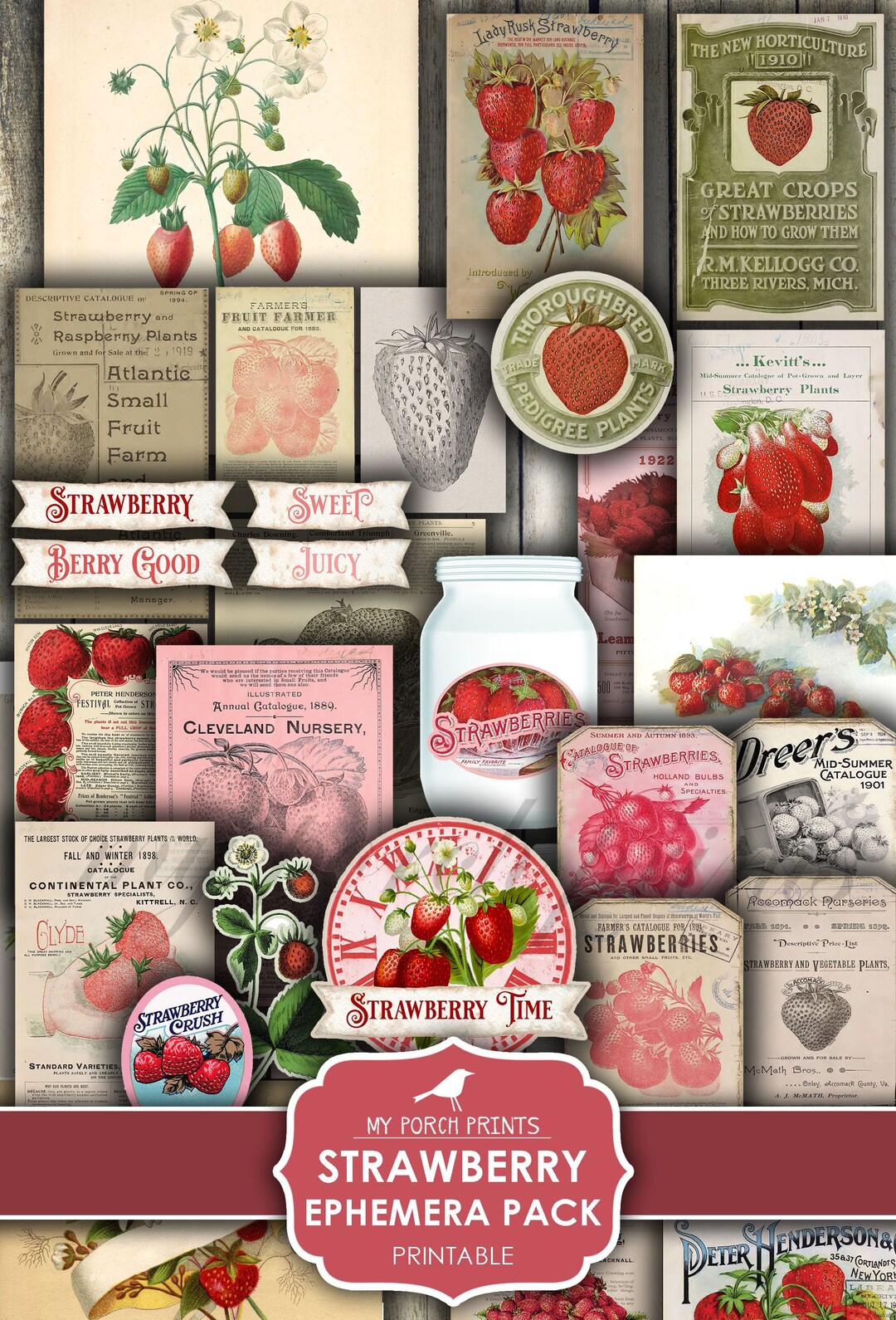 Strawberry Ephemera Pack, Shabby, Vintage, Strawberries, Red, Recipe ...