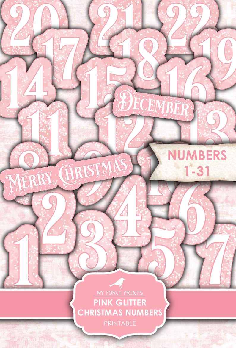 Pink Glitter Christmas Advent Numbers, Junk Journal, 1-31, Tags ...