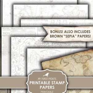 Printable Stamp Papers, Junk Journal, Vintage, Black and White, Ink ...