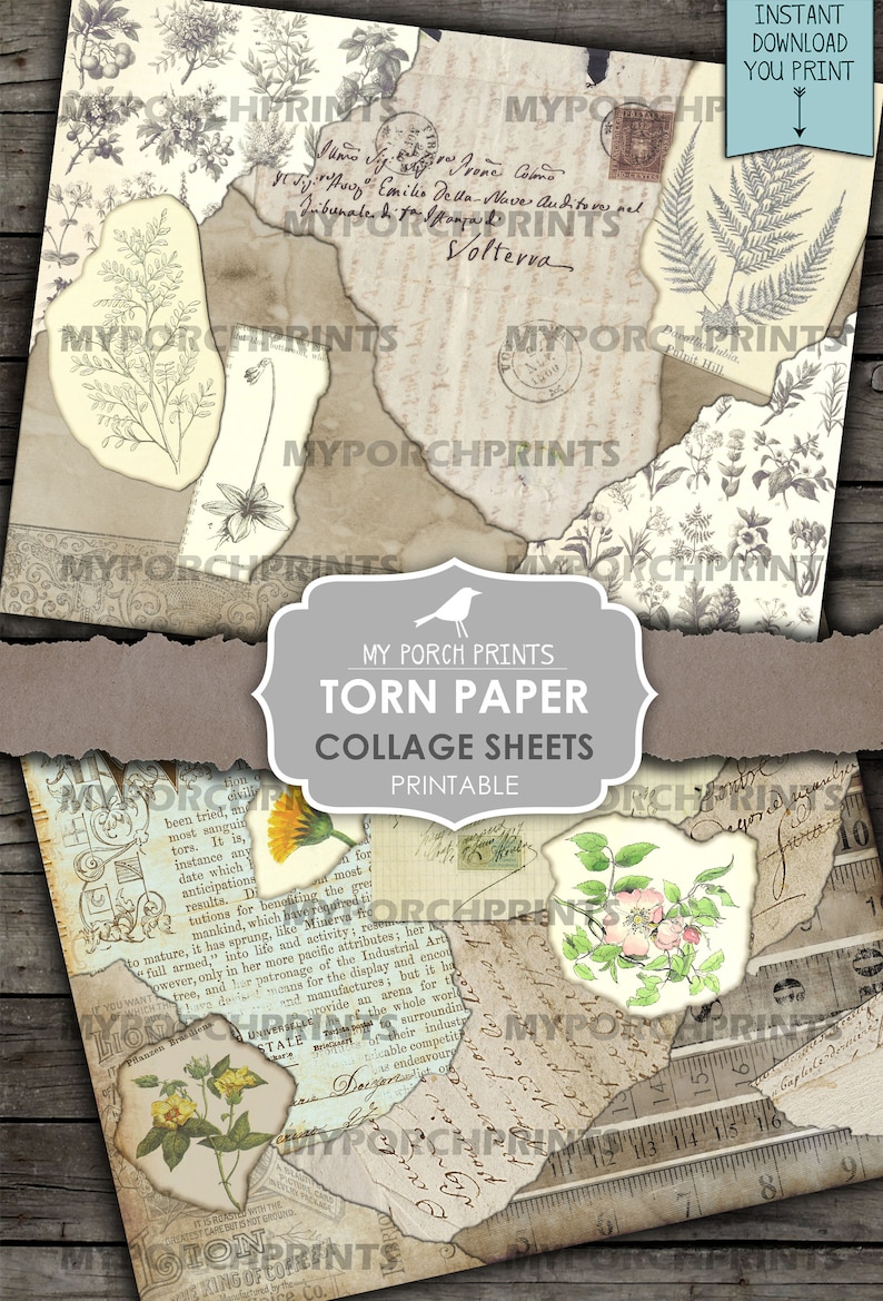 Junk Journal Pages, Torn Paper Collage Sheets, Grunge, Rose, Junk ...