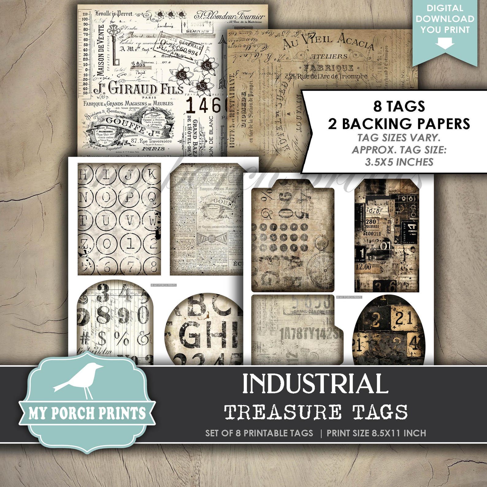 Industrial Treasure Tags Kit Junk Journal Fussy Cuts Black White Tag ...