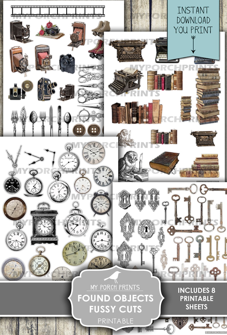 Junk Journal Ephemera, Fussy Cut, Found Object, Clock, Key, Antique ...