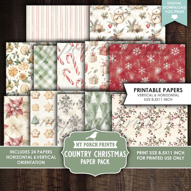 Country Christmas Paper Pack, Junk Journal, Holiday, Merry, Red, Green ...