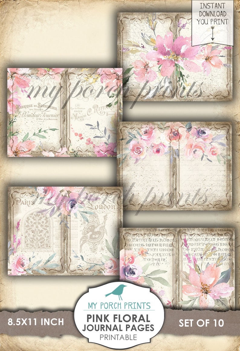 Pink Floral Journal Pages Junk Journal Kit Papers | Etsy
