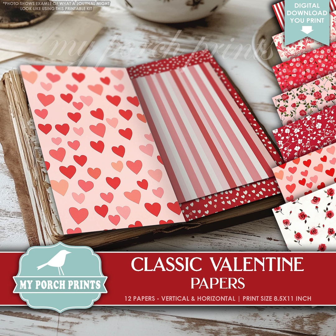 Classic Valentine Papers, Junk Journal, Red Pink, Striped, Scrapbook ...