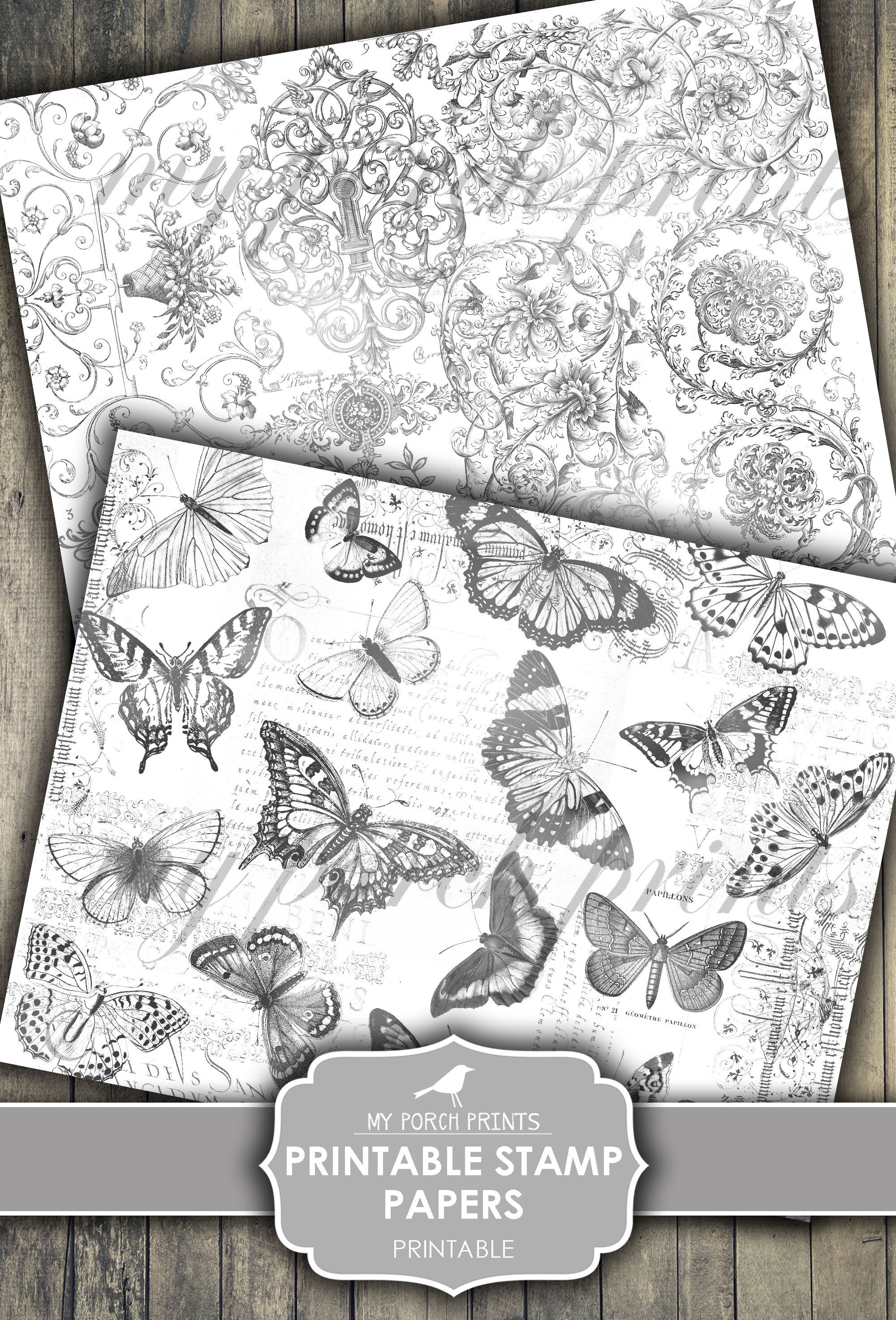 Printable Stamp Papers, Junk Journal, Vintage, Black and White, Ink ...