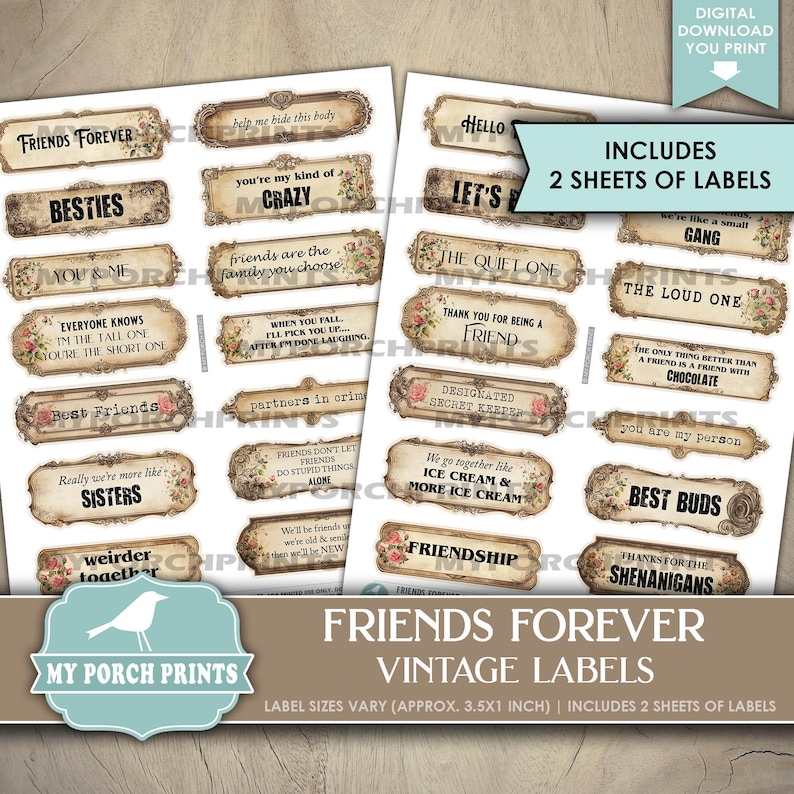 Friends Forever Vintage Labels Junk Journal Friend Friendship Sayings ...