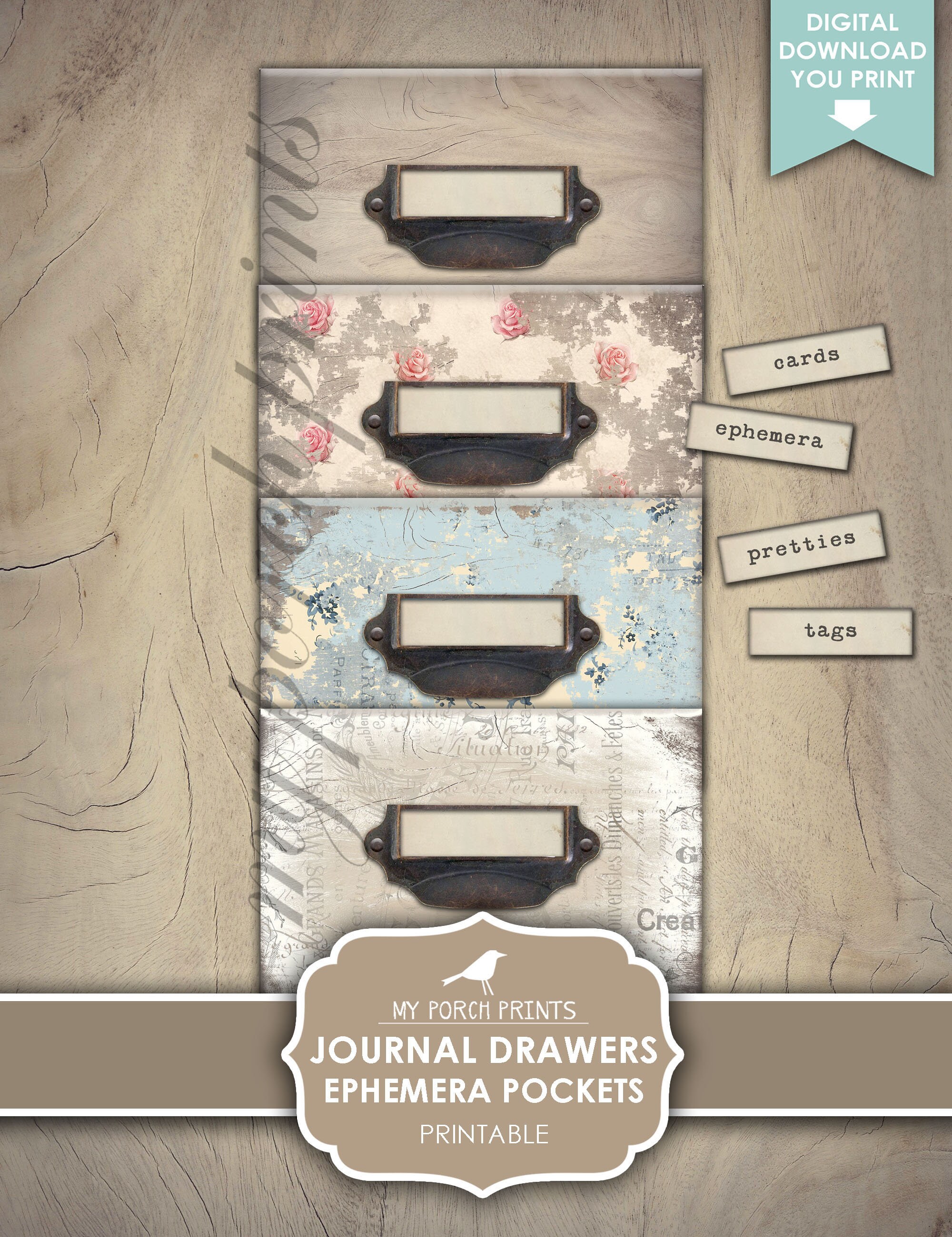 Journal, Drawers, Pockets, Junk Journal, Ephemera, Shabby, Pink, Blue ...