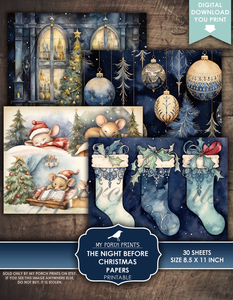 The Night Before Christmas PAPERS, Junk Journal, Star, Snow, Twas, Blue ...