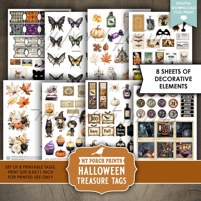 Halloween Treasure Tags Kit, Junk Journal, Fussy Cuts, Autumn, Pumpkin ...