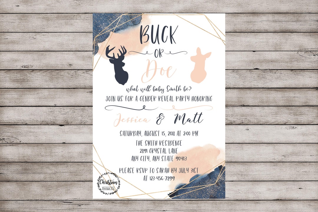 Buck or Doe Gender Reveal Invitation, Navy Blue and Blush Gender Reveal ...