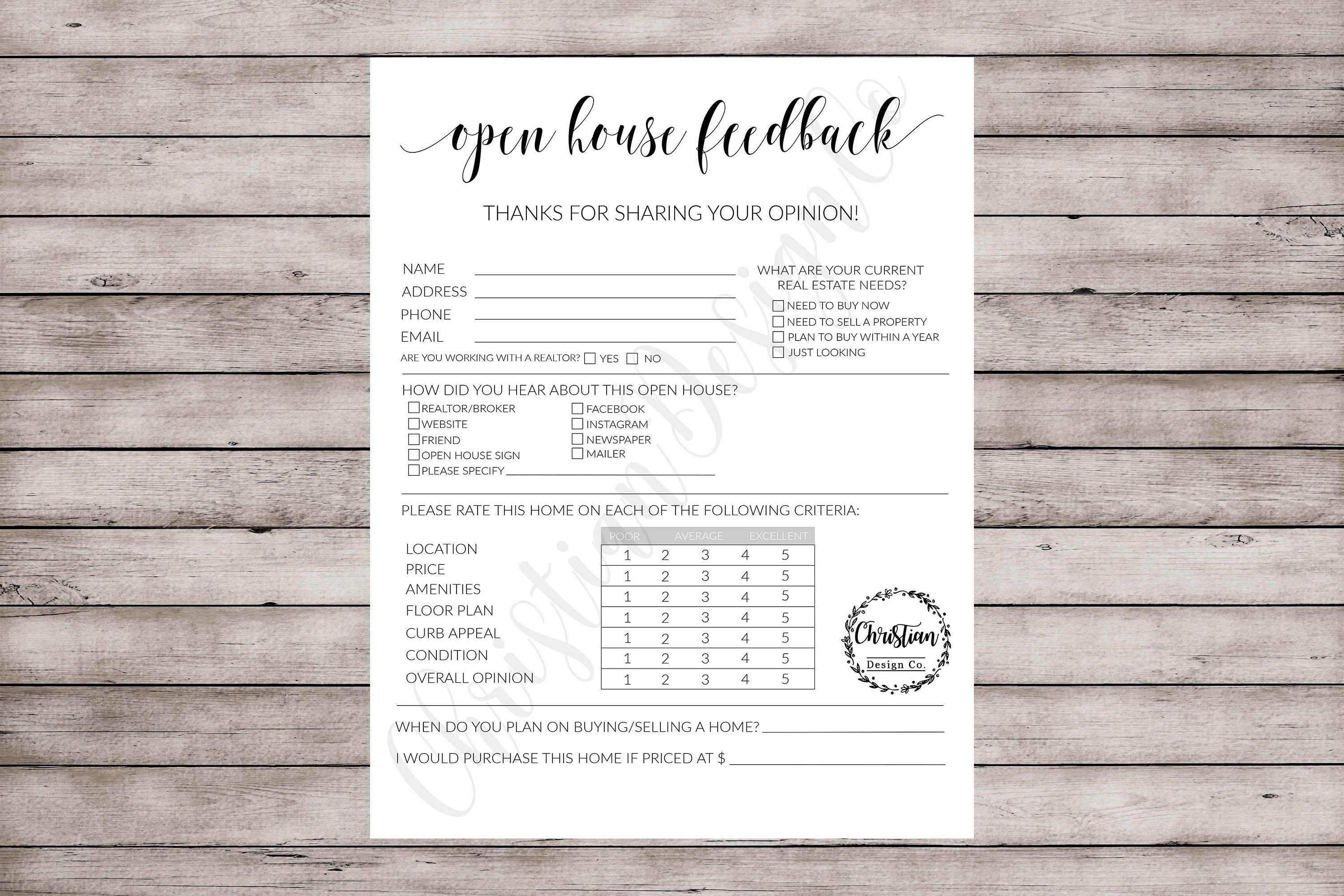 Open House Feedback Form, Open House Sign, Open House Feedback Sheet ...