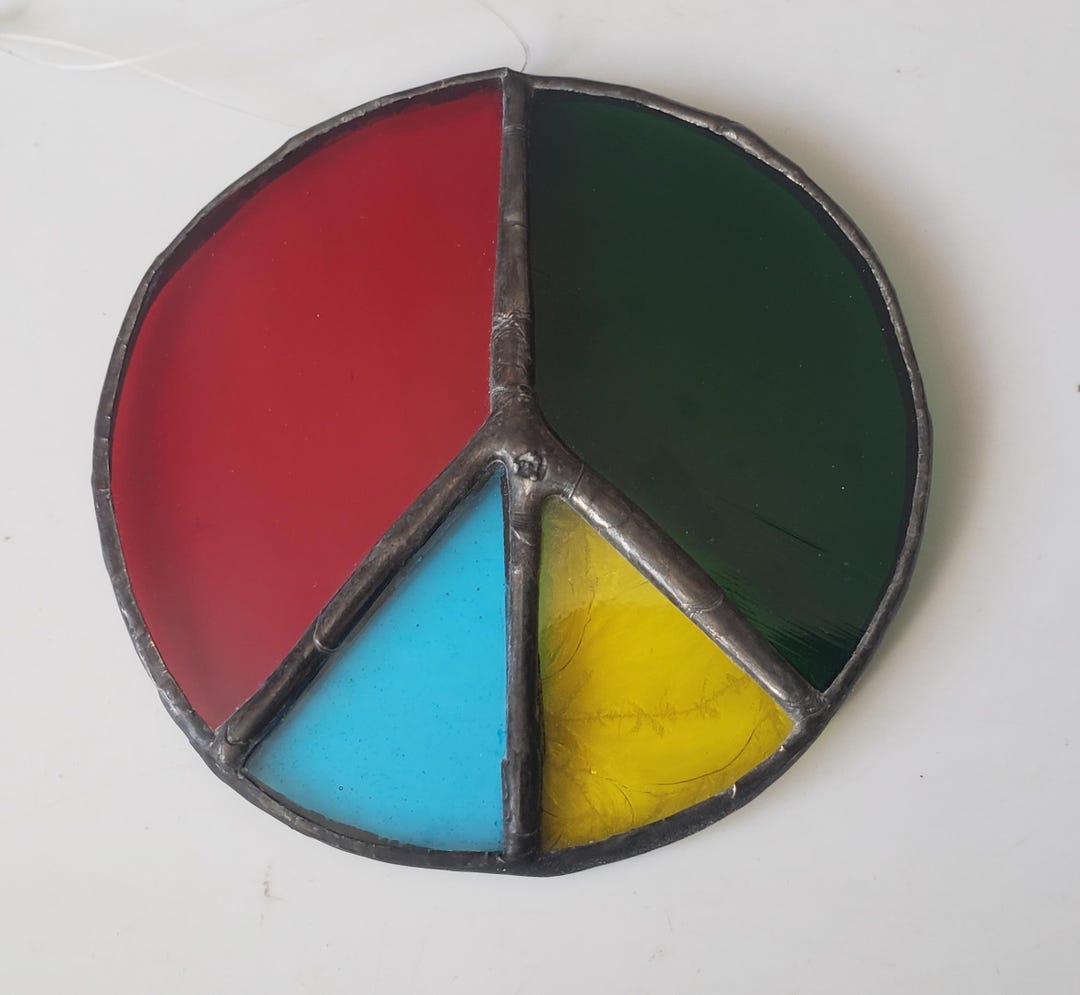 Stained Glass Peace Sign 3 X 3 Handmade, Red, Green, Light Blue, Yellow ...