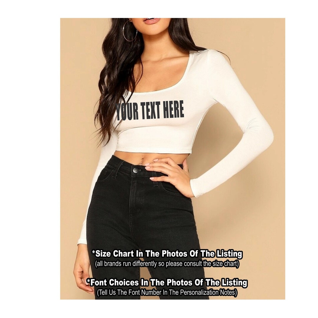 YOUR TEXT HERE White Long Sleeve Crop Top Cleavage Shirt Low Cut Wife ...