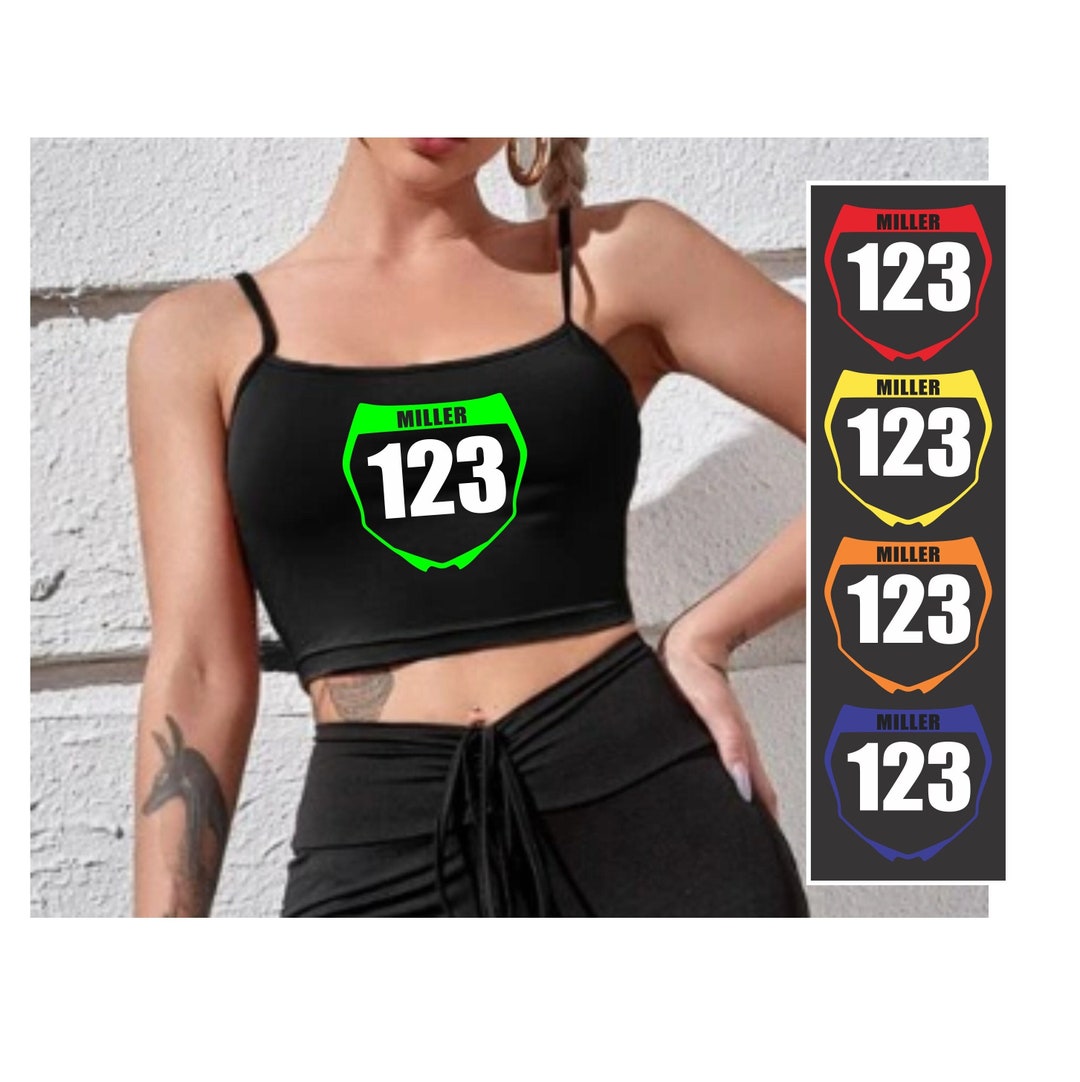 MOTOCROSS NUMBER PLATE Crop Tank Top Cami Camisole Strap Black Shirt Custom Personalized Front ...